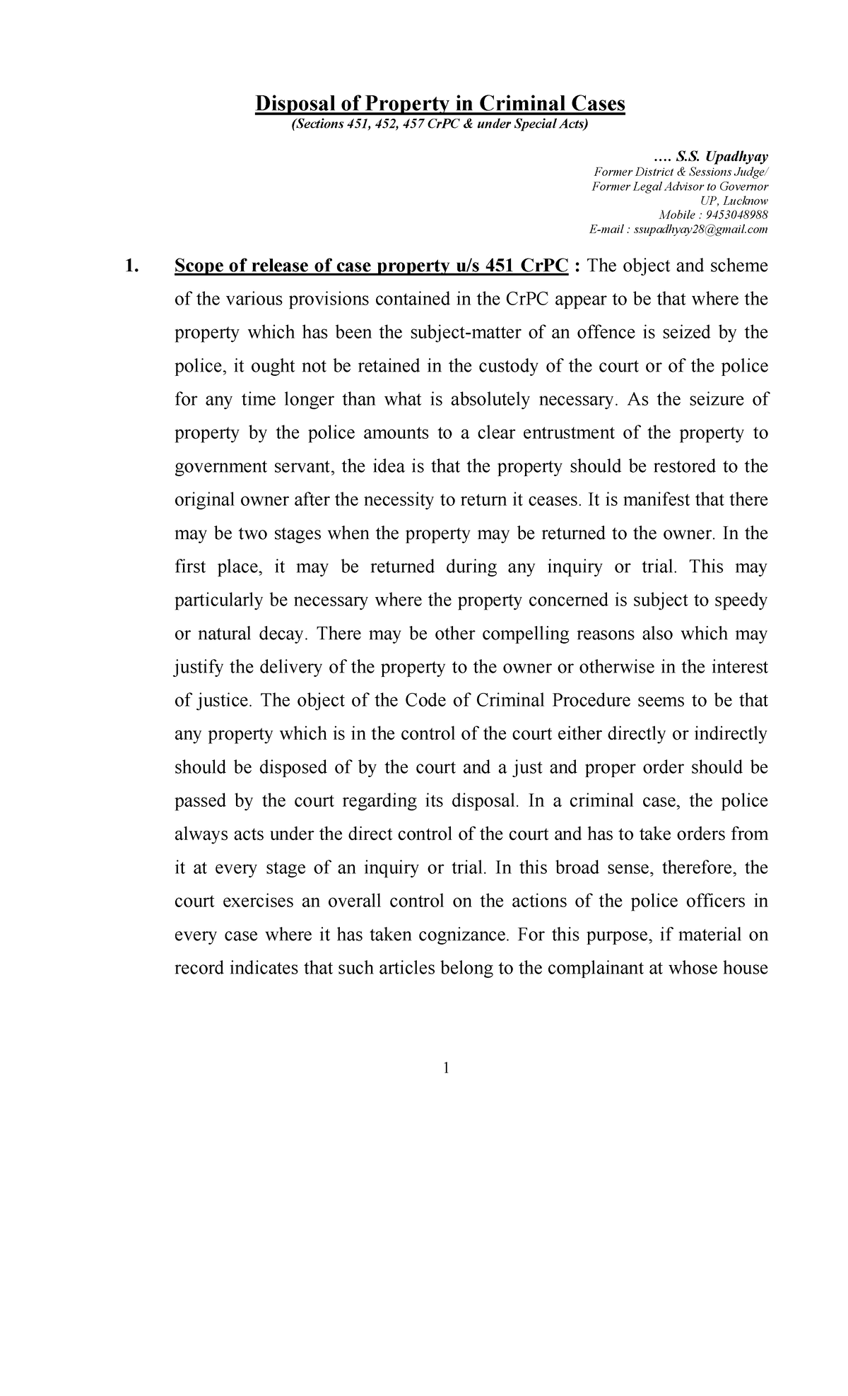 Sec 451 452 457 Cr PC - Disposal of Property in Criminal Cases ...