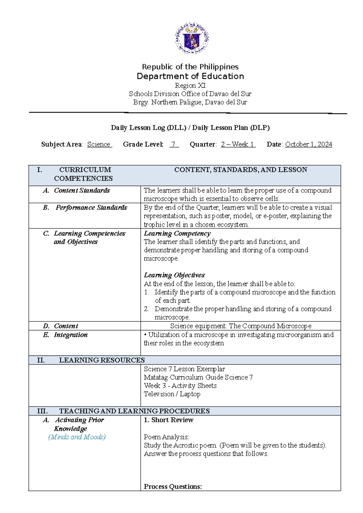 DLP - WEEK 1 - October 1 - Daily Lesson Plan - Republic of the Philippines Department of ...