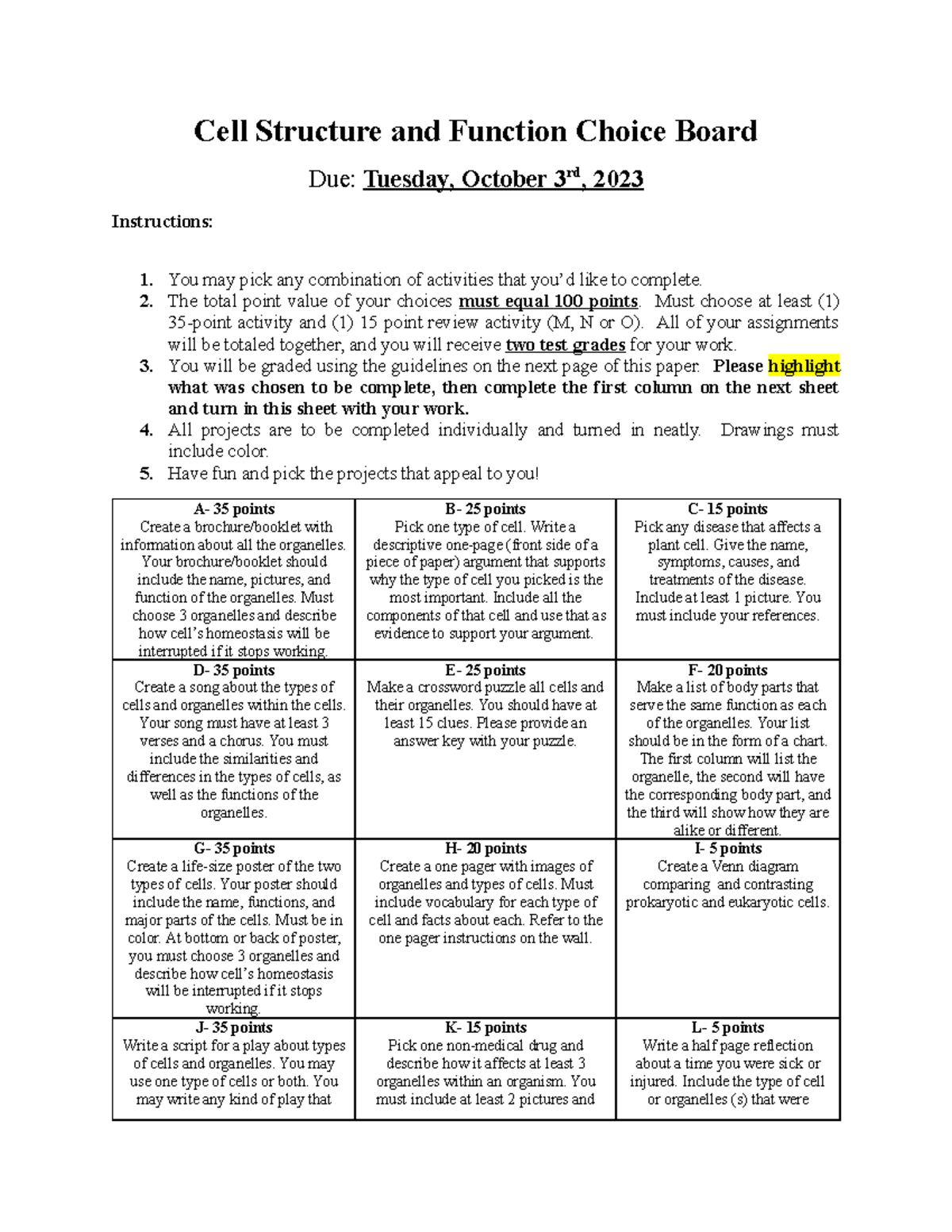 Cell Structure and Function Choice Board - You may pick any combination ...