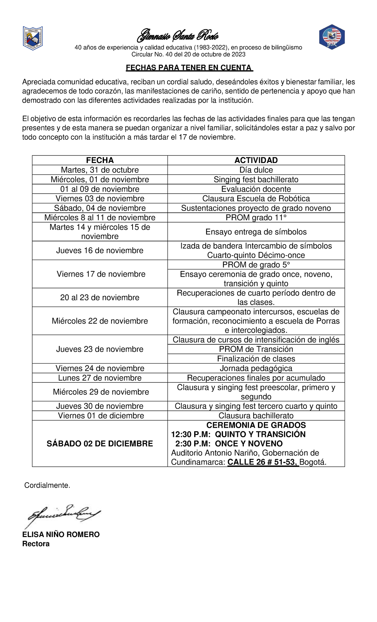 Circular 040 Cronograma Final 2023 - Gimnasio Santa Rocío 40 años de ...