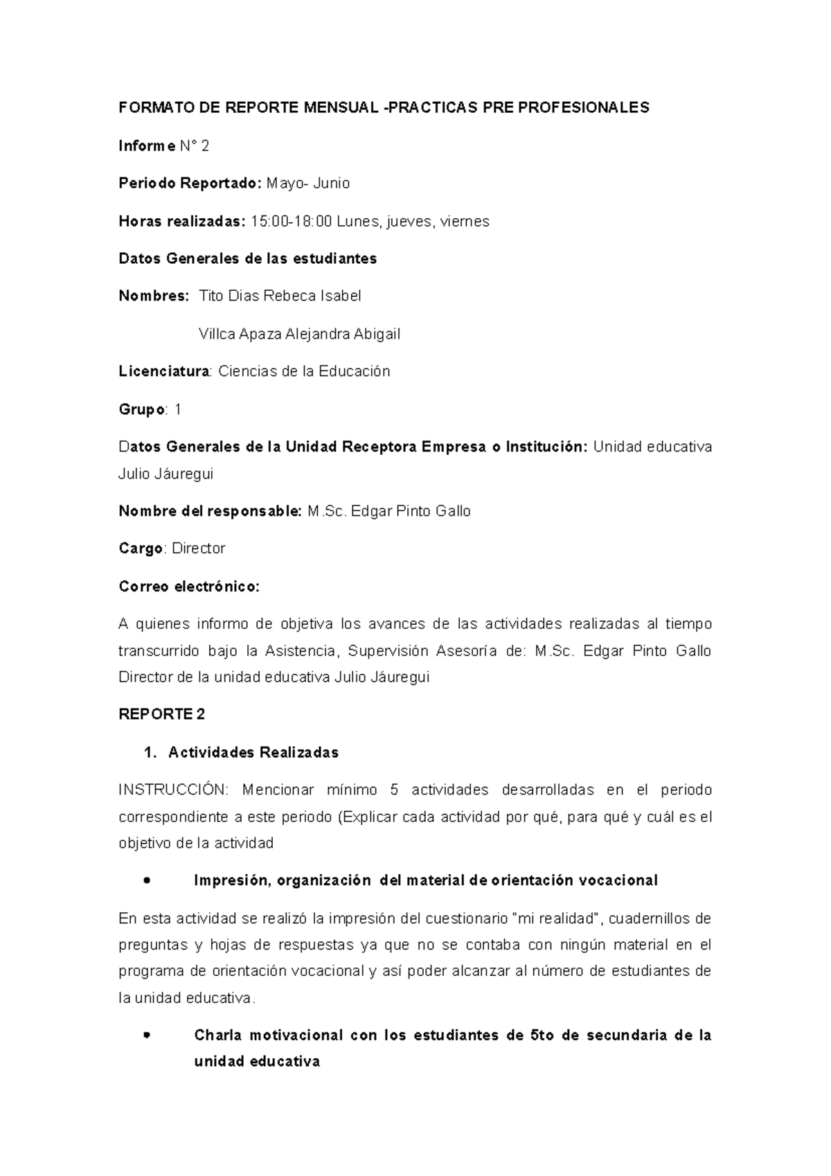 Reporte mensual 2 - FORMATO DE REPORTE MENSUAL -PRACTICAS PRE ...