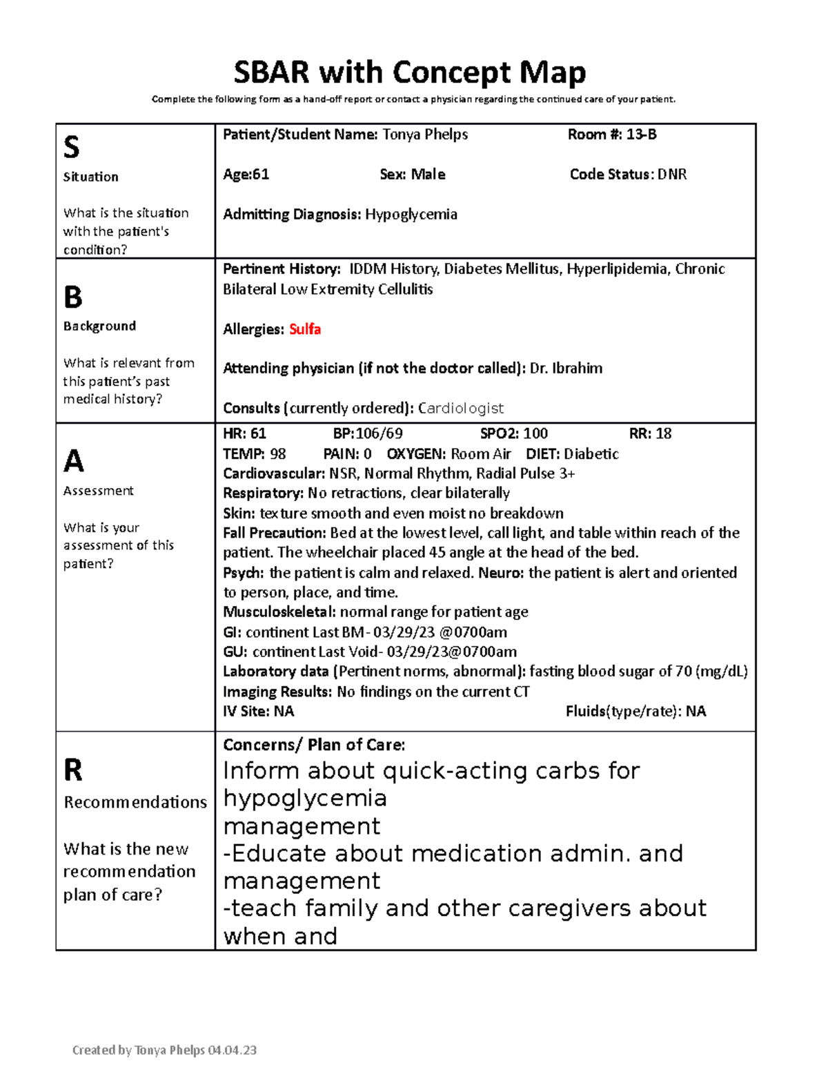 SBAR - Hypoglycemia - SBAR and Concept - Created by Tonya Phelps 04 ...