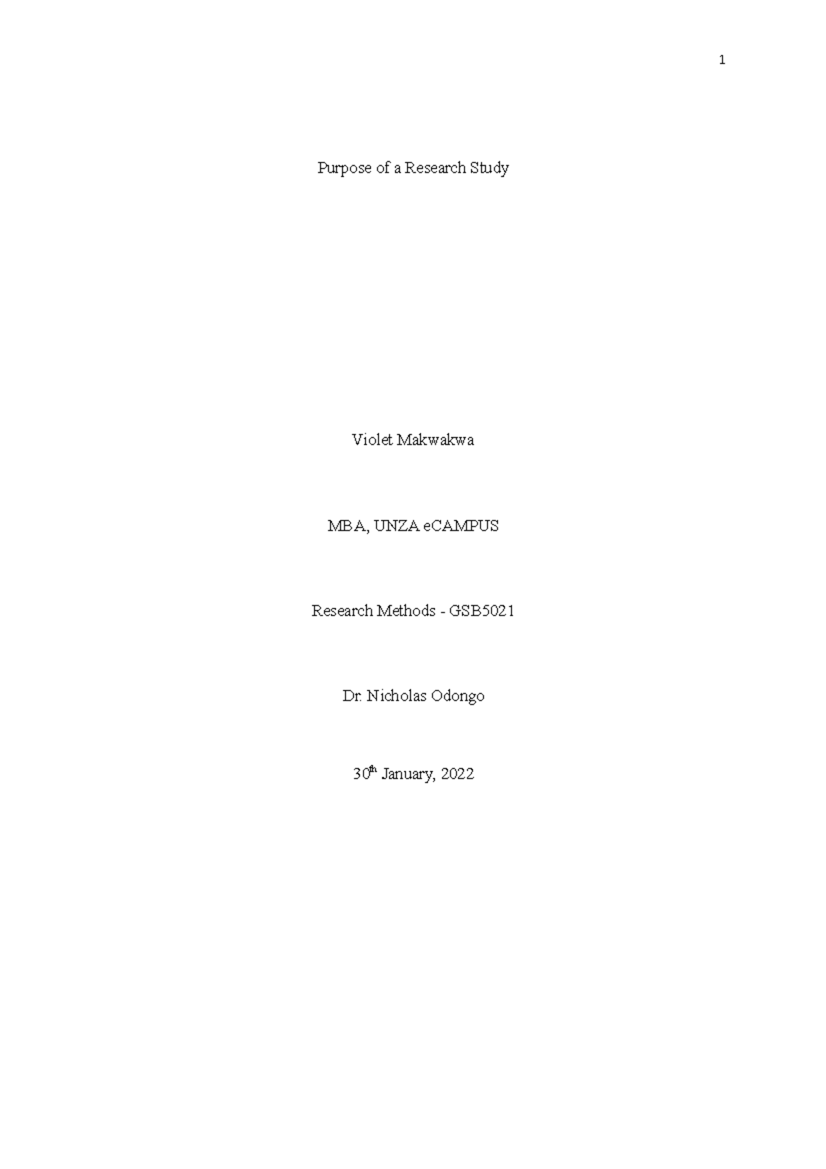 Module 1 assignment - 1 Purpose of a Research Study Violet Makwakwa MBA ...