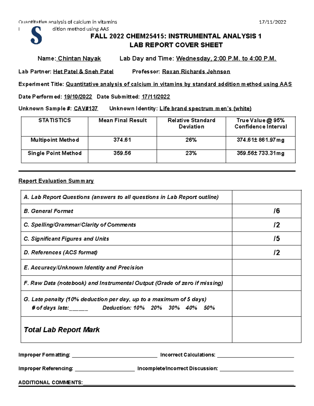 Lab-4 Calcium in vitamins lab report - By standard addition method ...