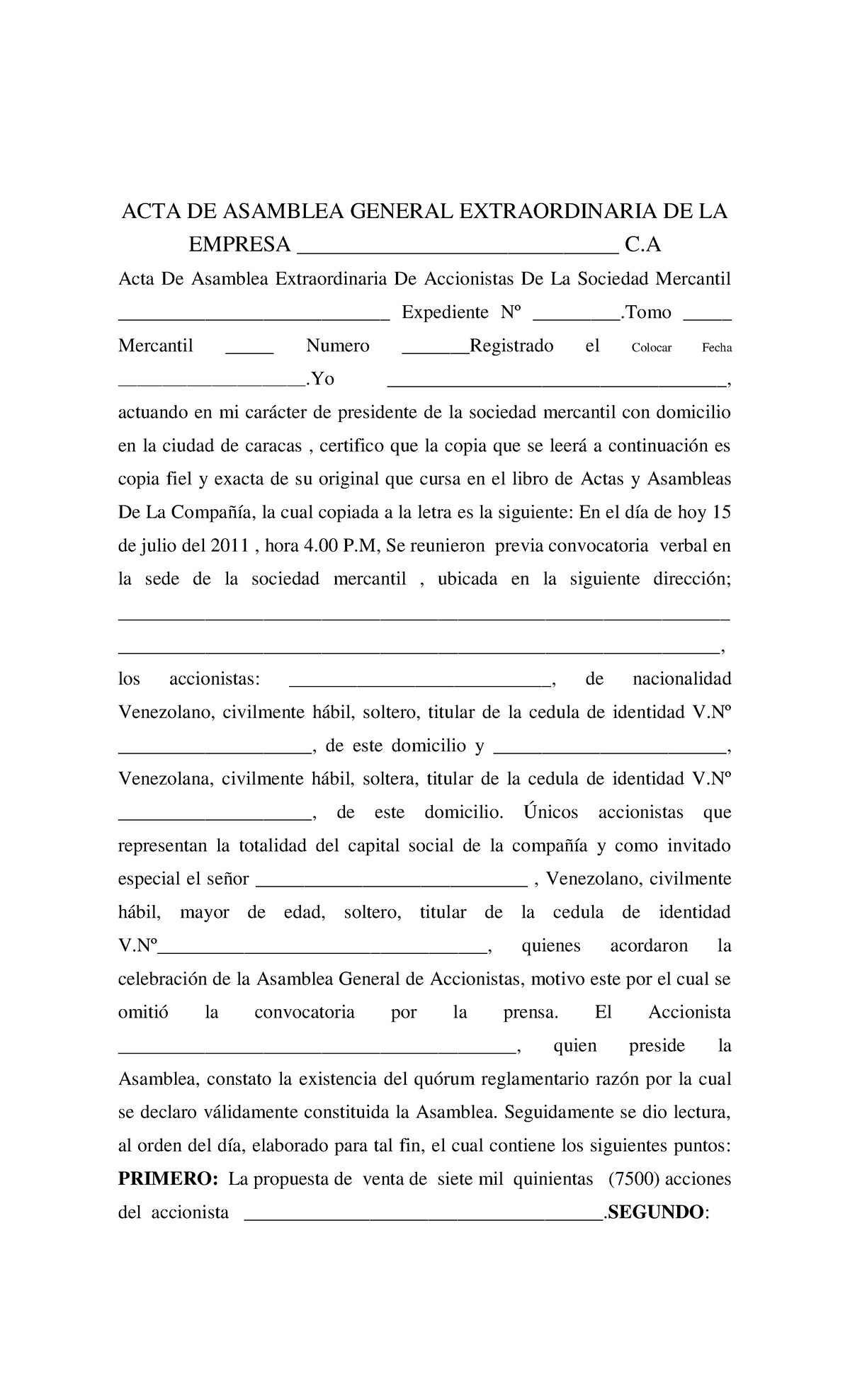 Acta de Asamblea Venta de Acciones - ACTA DE ASAMBLEA GENERAL ...
