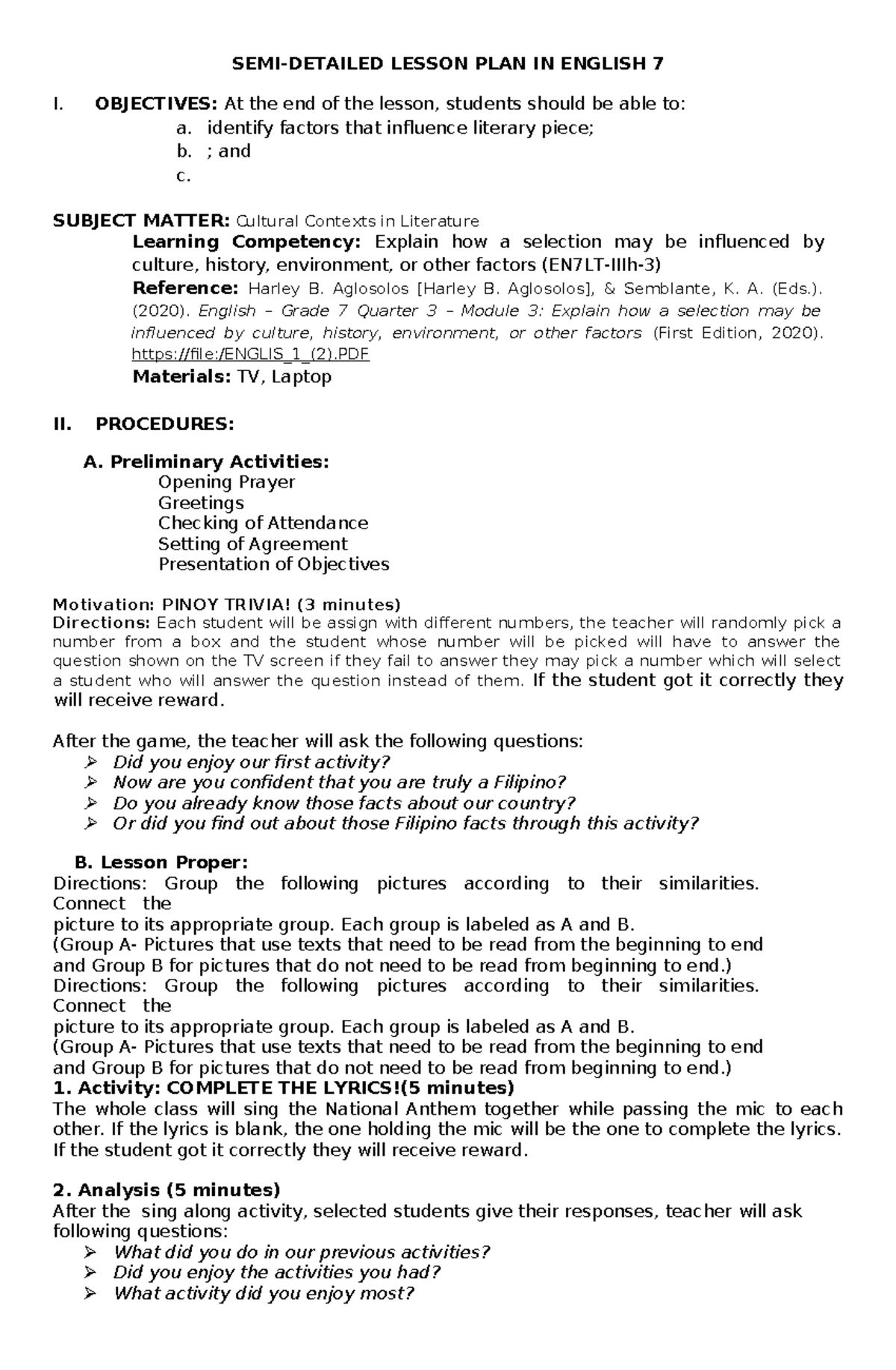 Interpreting TEXT Lesson PLAN - SEMI-DETAILED LESSON PLAN IN ENGLISH 7 ...