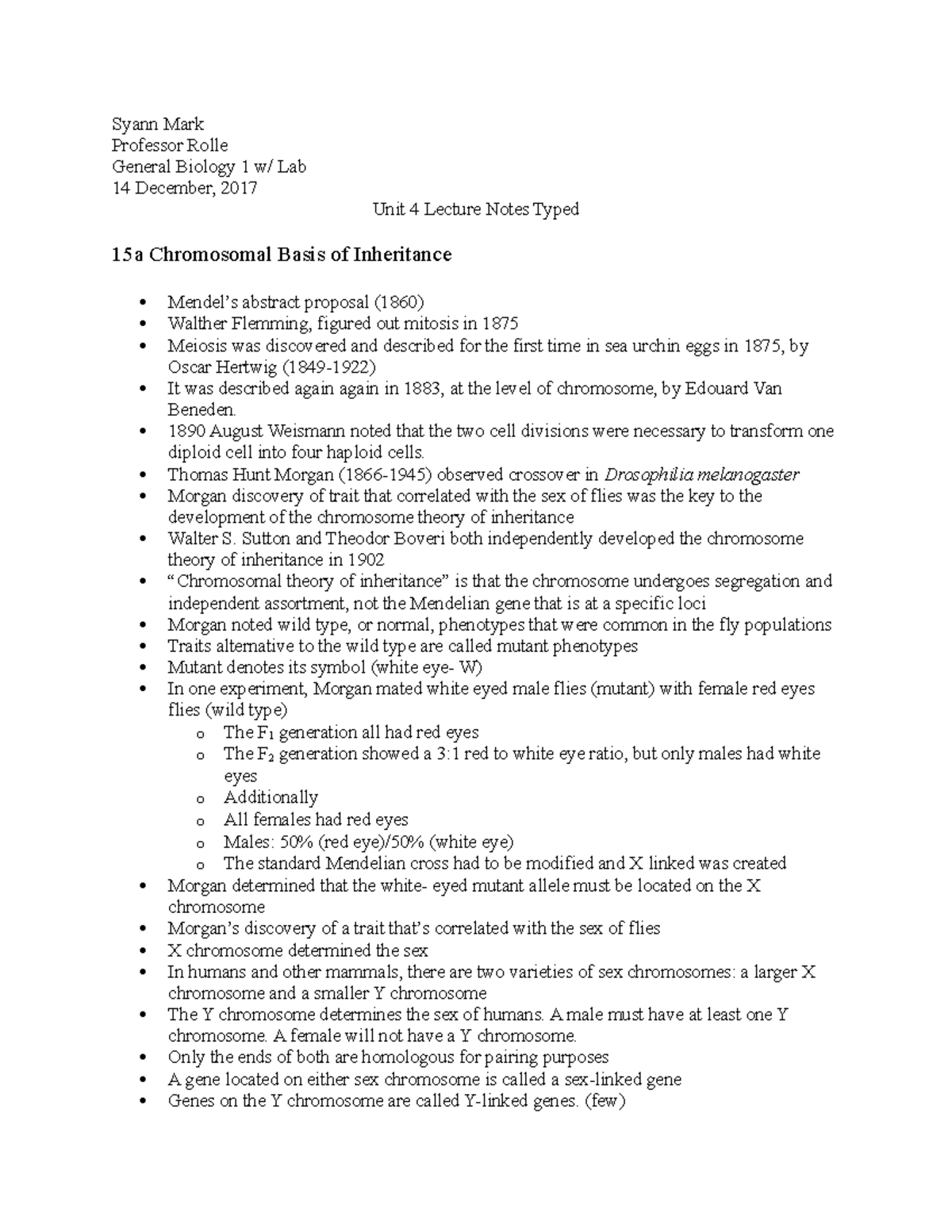 Unit 4 Lecture Notes Typed Syann Mark Professor Rolle General Biology 1 W Lab 14 December 8663