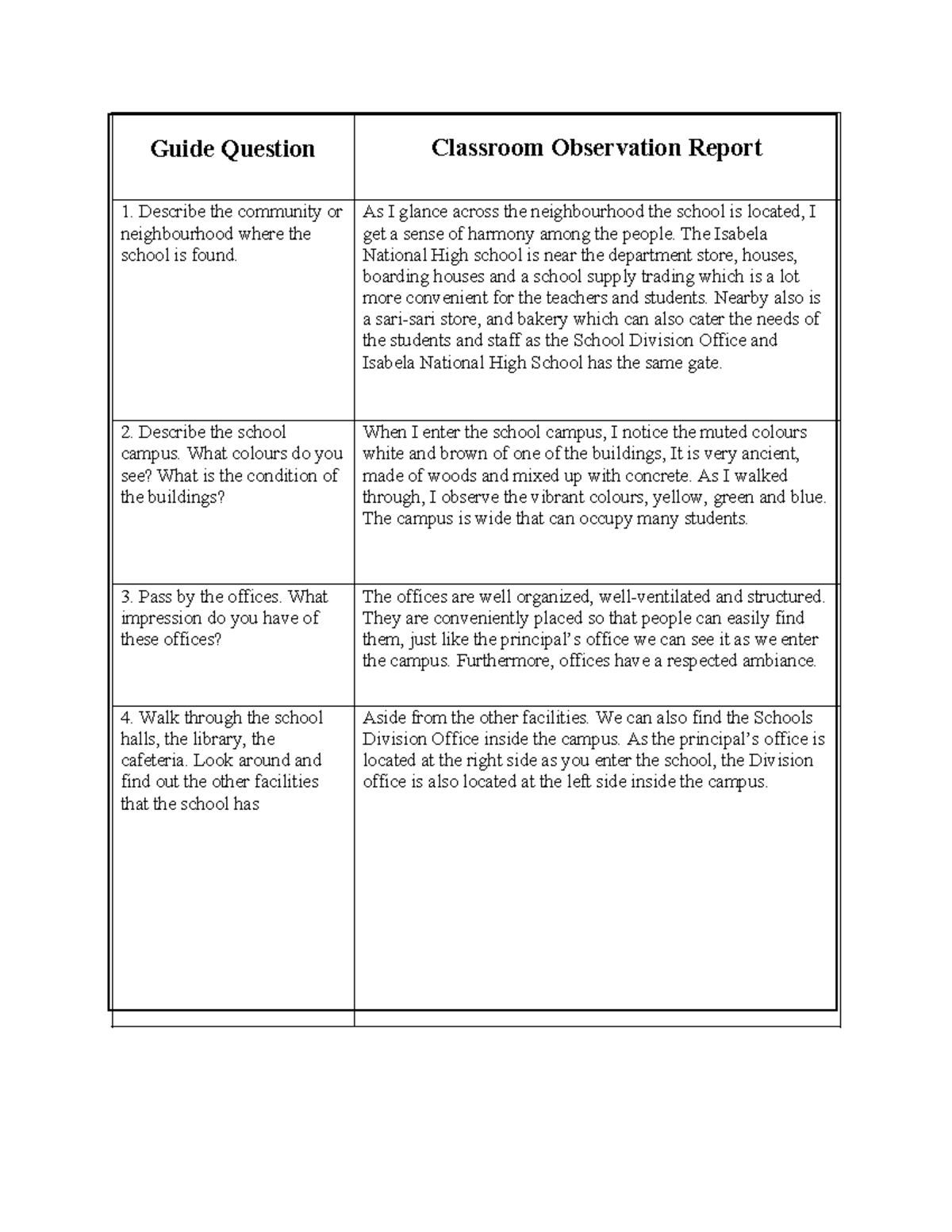 EP-1 - N/A - Guide Question Classroom Observation Report 1. Describe ...