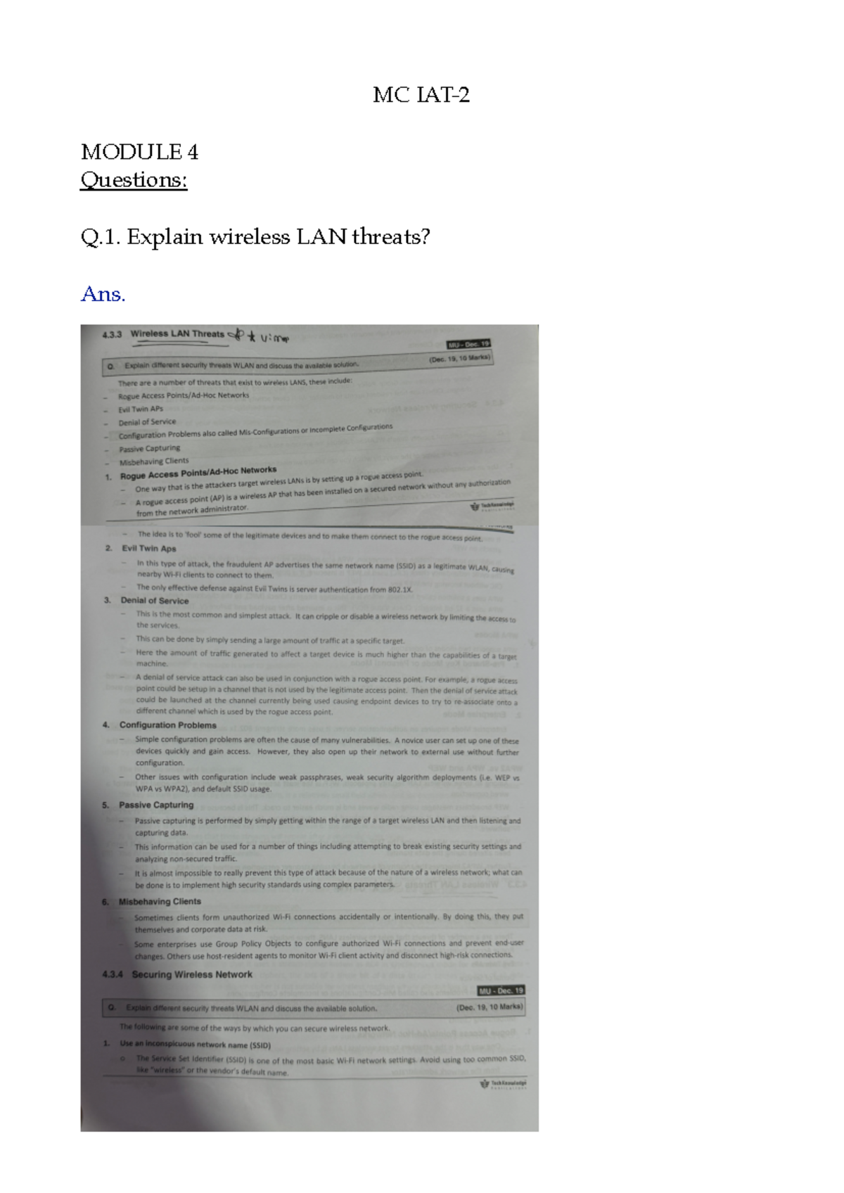 MC IAT-2 - MC IAT- MODULE 4 Questions: Q. Explain wireless LAN threats ...