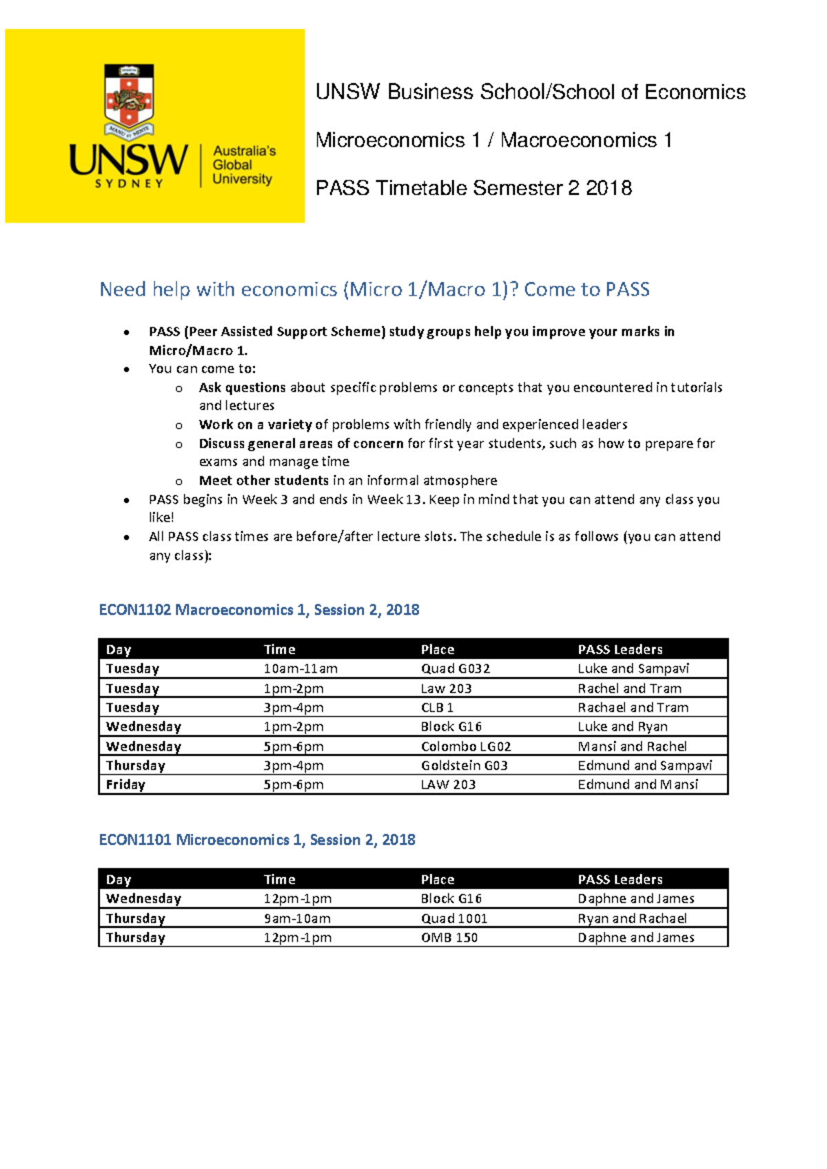 PASS Timetable - goodluck - UNSW Business School/School of Economics Microeconomics 1 / - Studocu