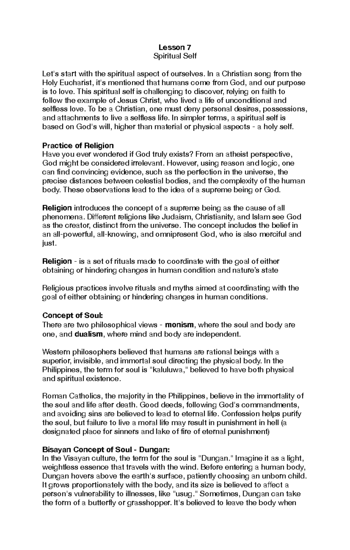 Uts-mod-7 - This is about understanding the self - Lesson 7 Spiritual Self Let's start with the ...