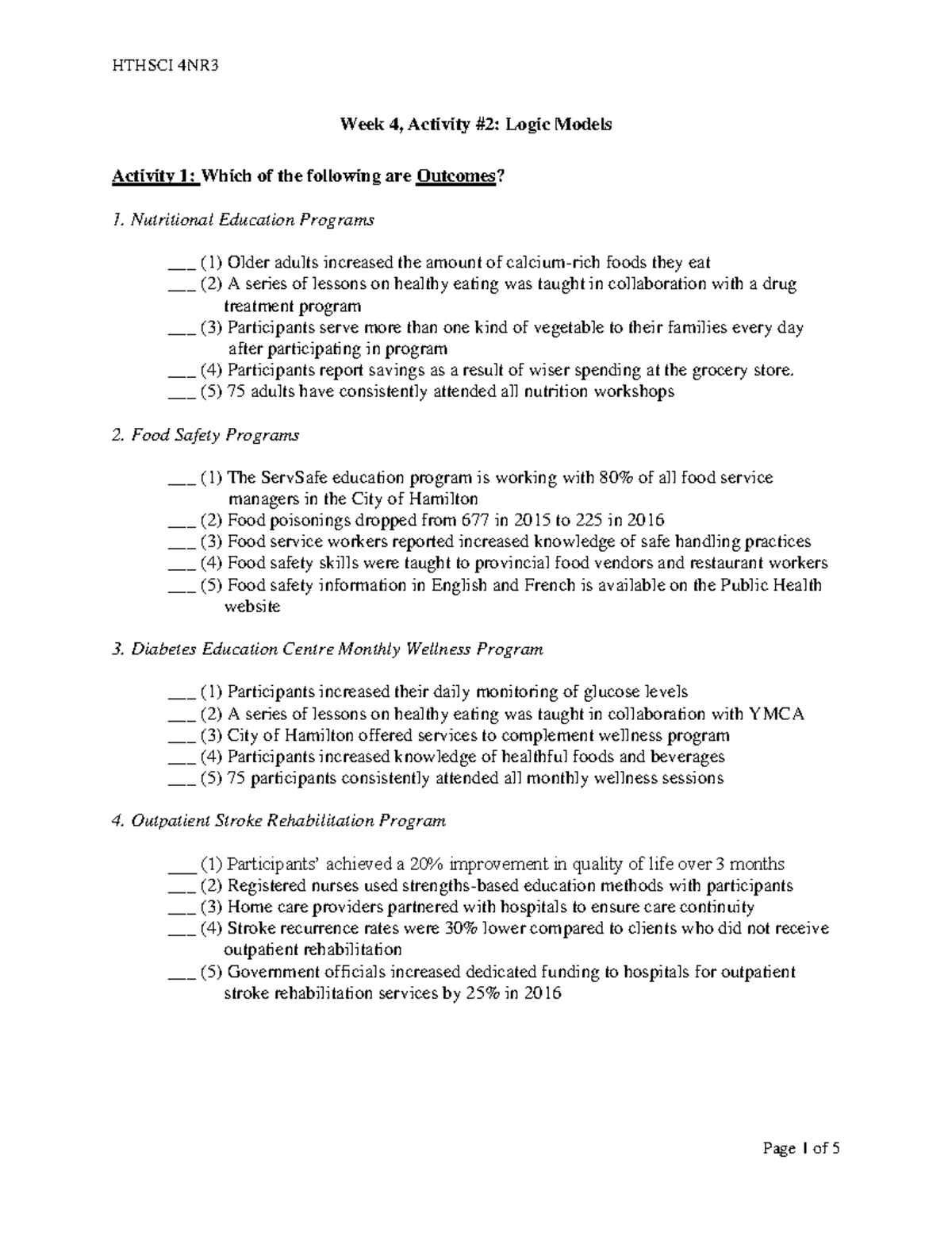 Week 4, Activity #2 - Logic Models - Week 4, Activity #2: Logic Models ...