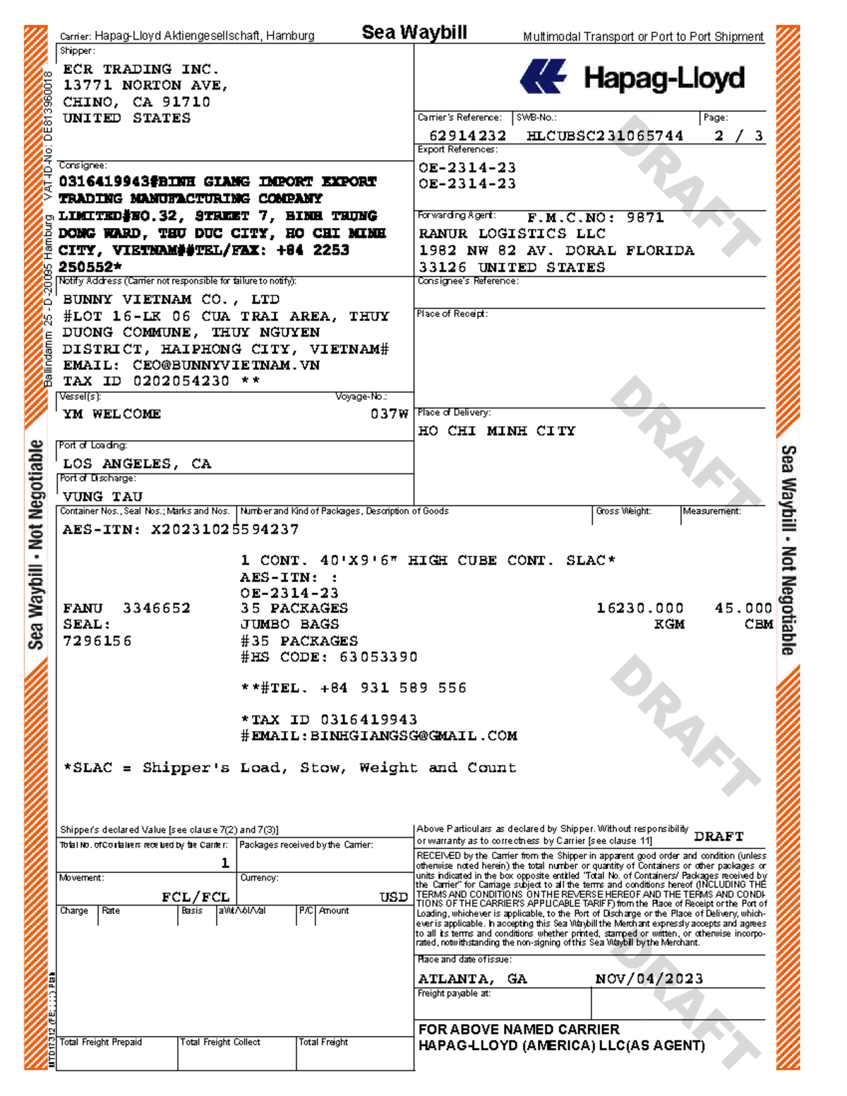Final BL Hlcubsc 231065744 - MTD17312(FE;;;;)Plain Carrier: Hapag ...