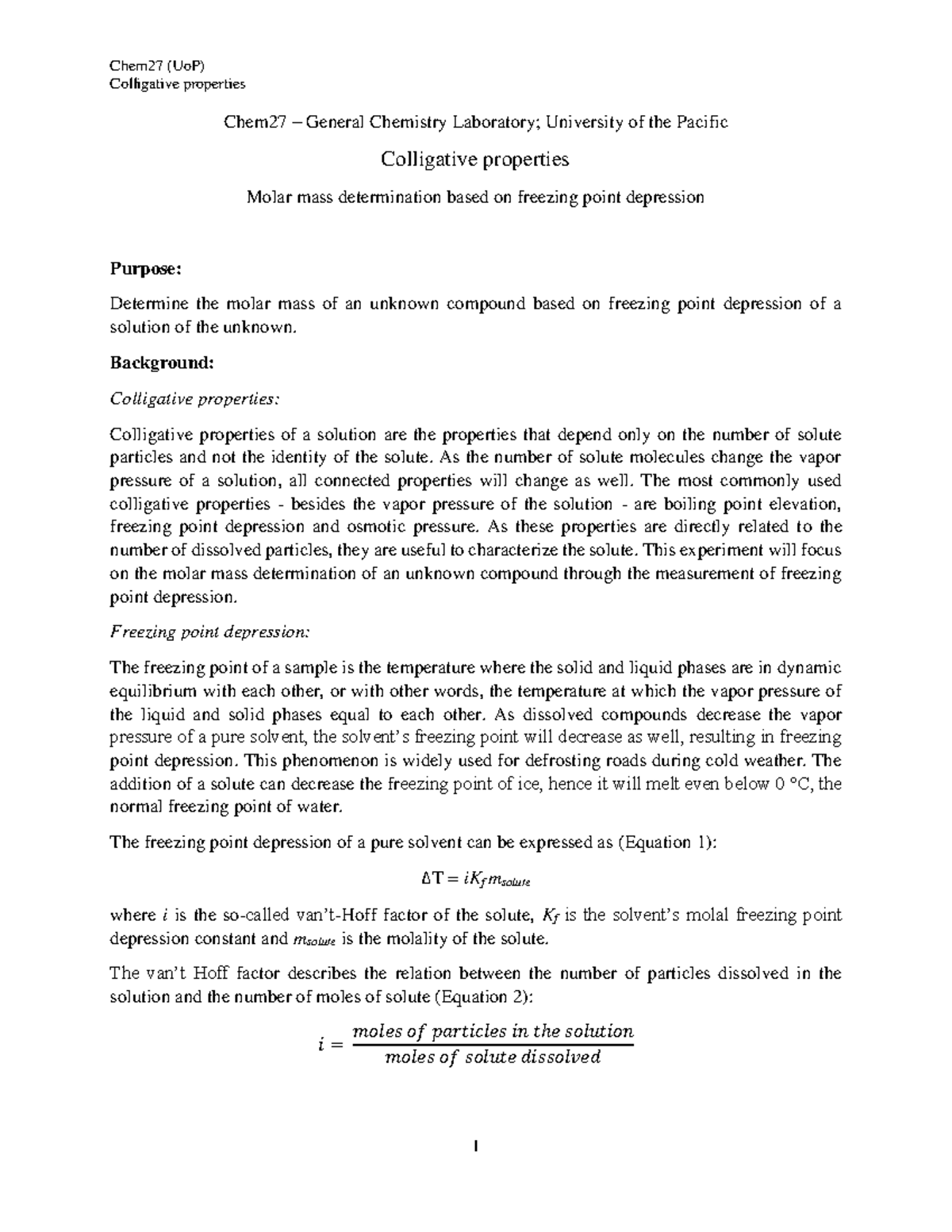CHEM27 Colligative Properties Handout - Colligative properties Chem27 ...