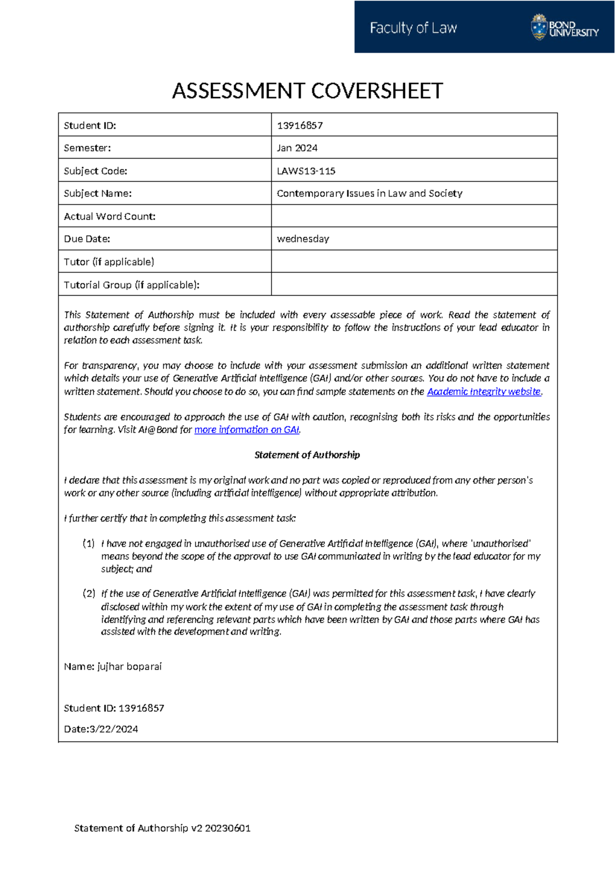 Assessment Coversheet - ASSESSMENT COVERSHEET Student ID: 13916857 ...