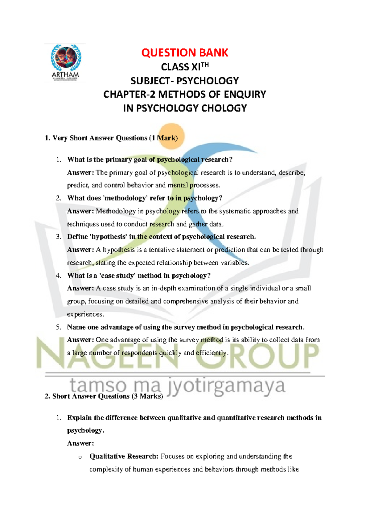 Class 11 Question BANK Psychology CHAP 2 (2024-25) - QUESTION BANK ...