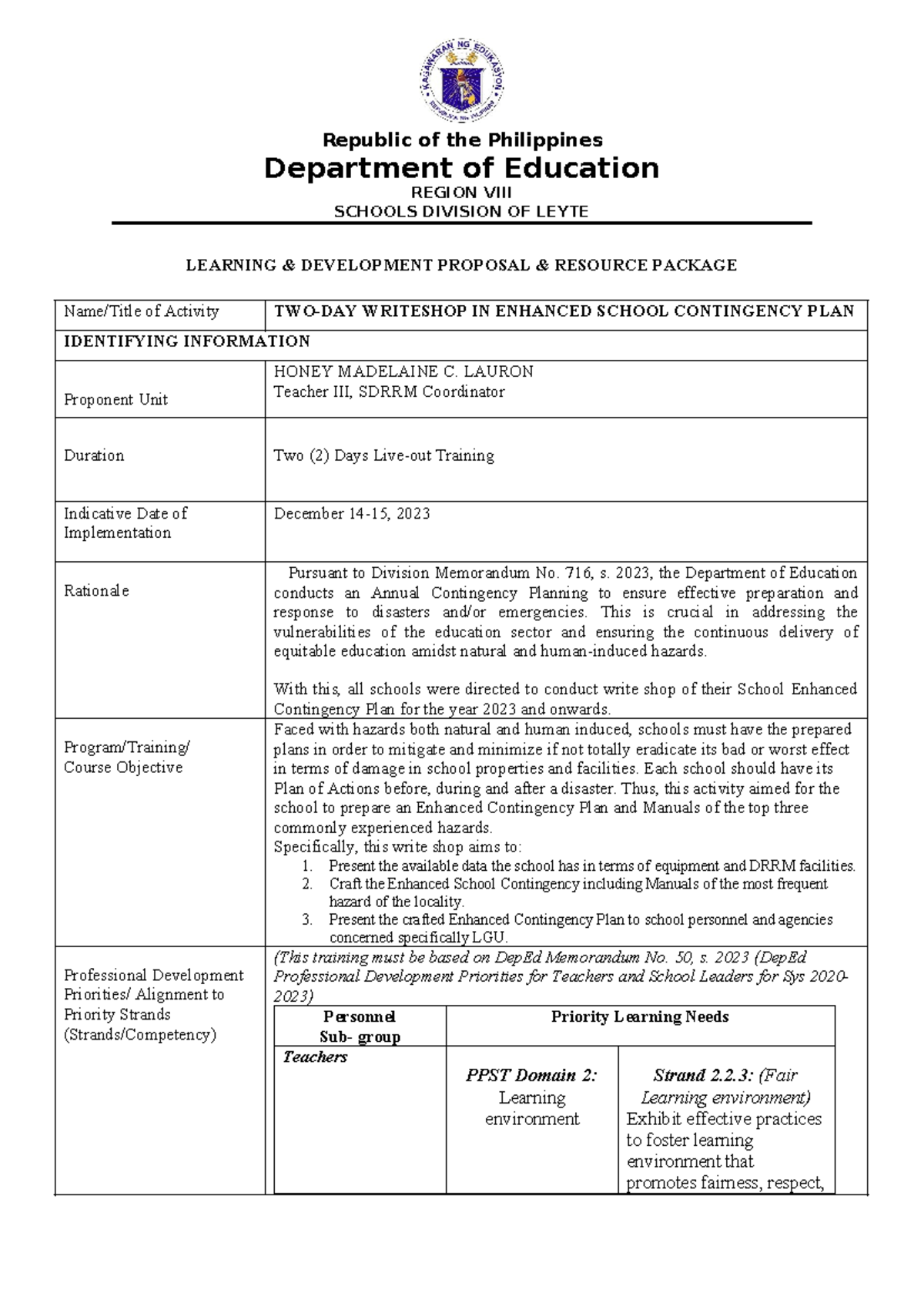 Training Design Contingency Writeshop - Republic of the Philippines ...