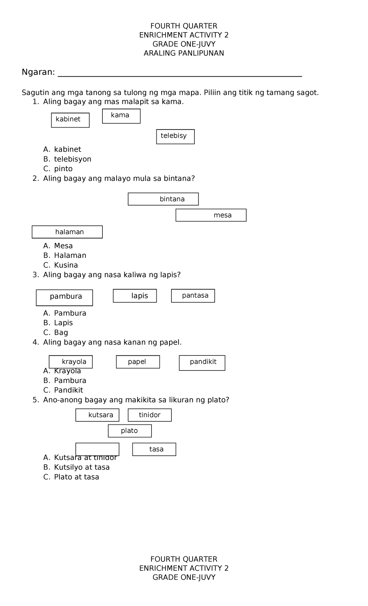 Fourth Quarter Enrichment Activity 2 - FOURTH QUARTER ENRICHMENT ACTIVITY 2 GRADE ONE-JUVY ...
