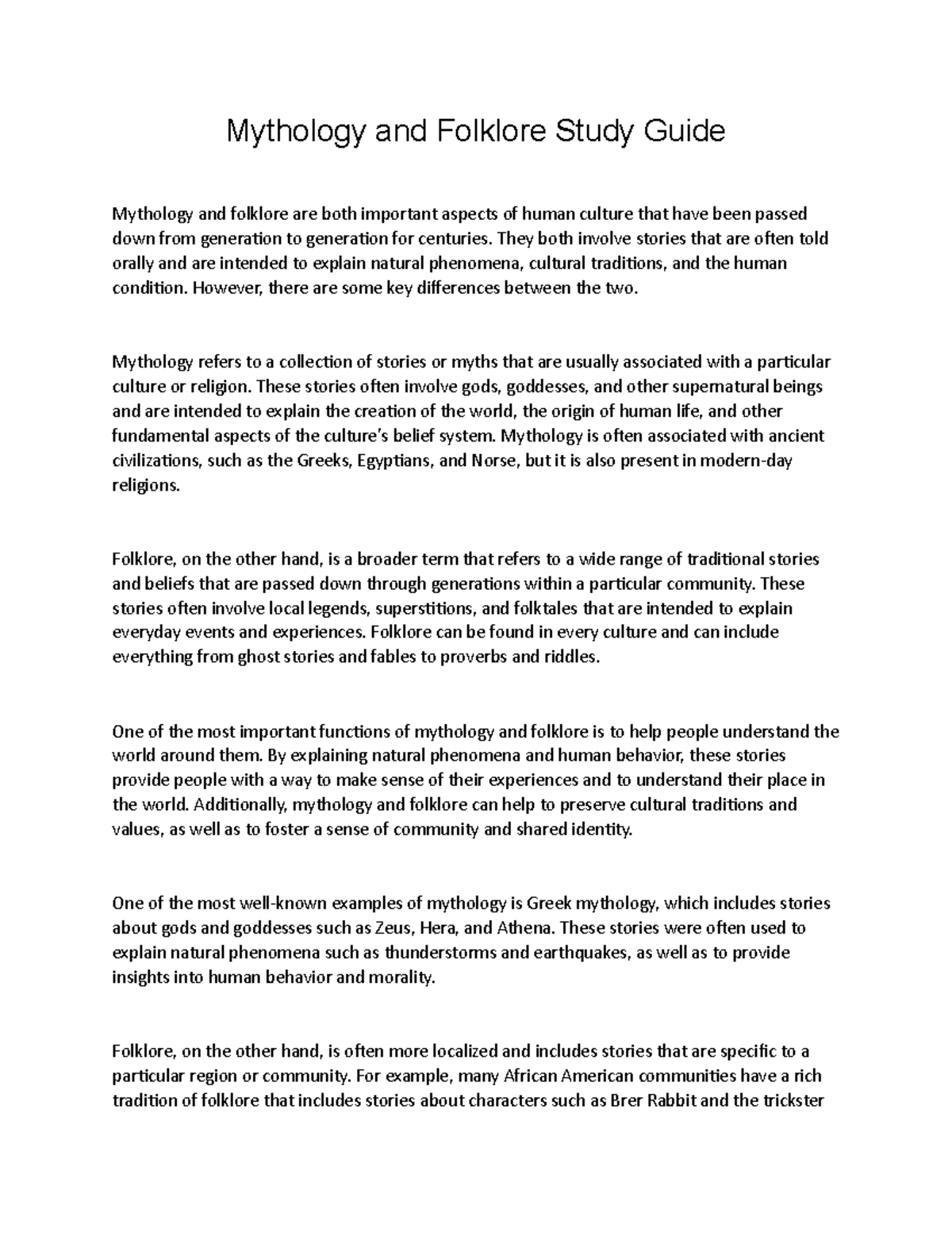 Mythology and Folklore Study Guide - Mythology and Folklore Study Guide ...