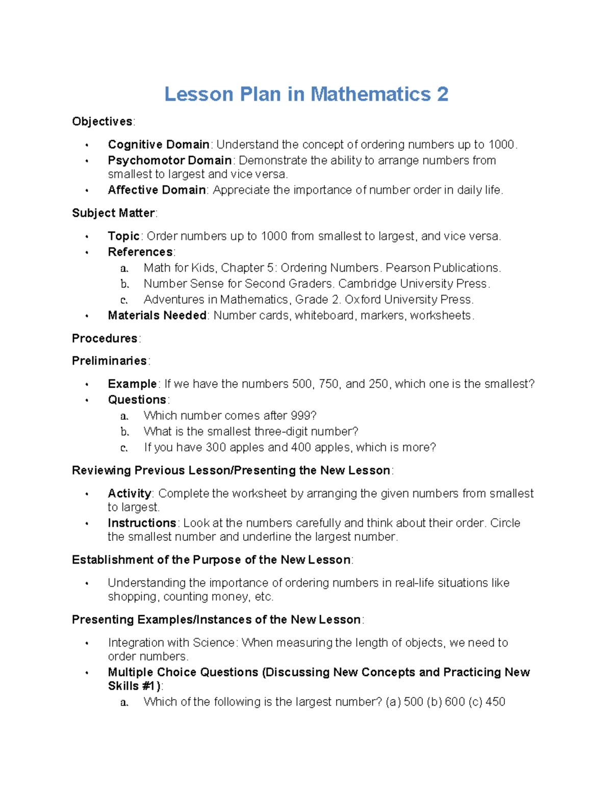 •Order numbers up to 1000 from smallest to largest, and vice versa ...