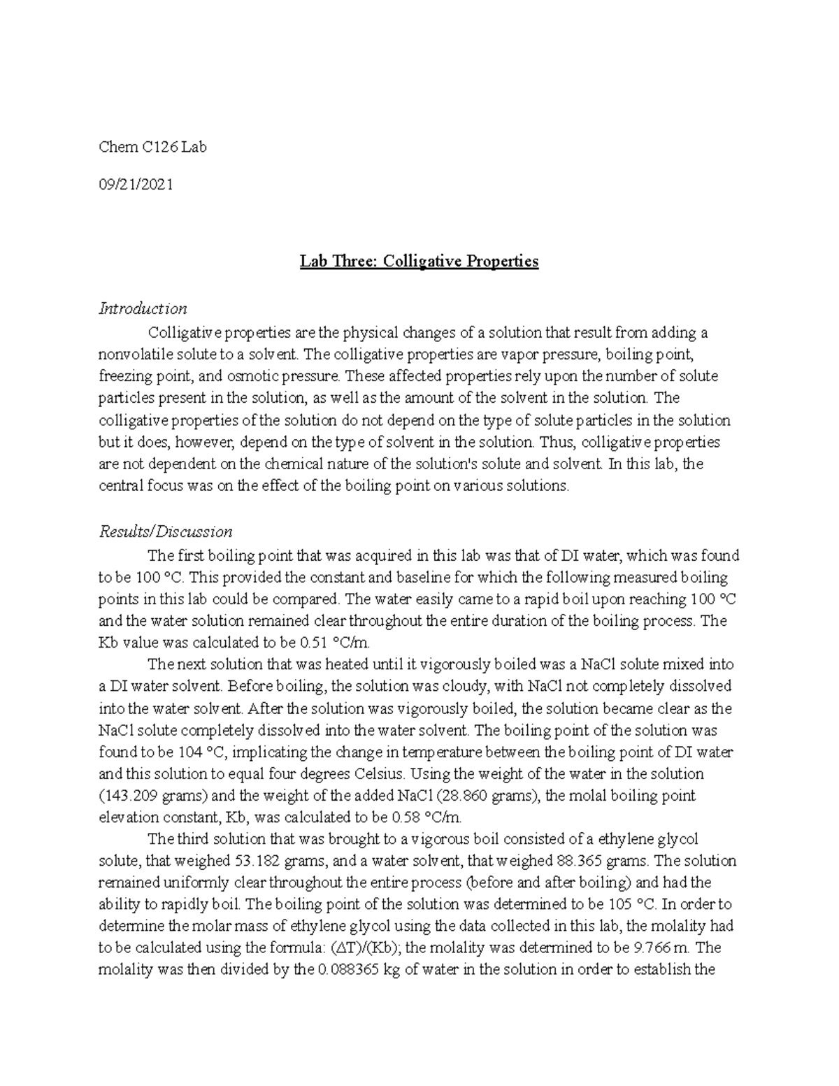 C126 Lab 3 Colligative Properties - Chem C126 Lab 09/21/ Lab Three ...
