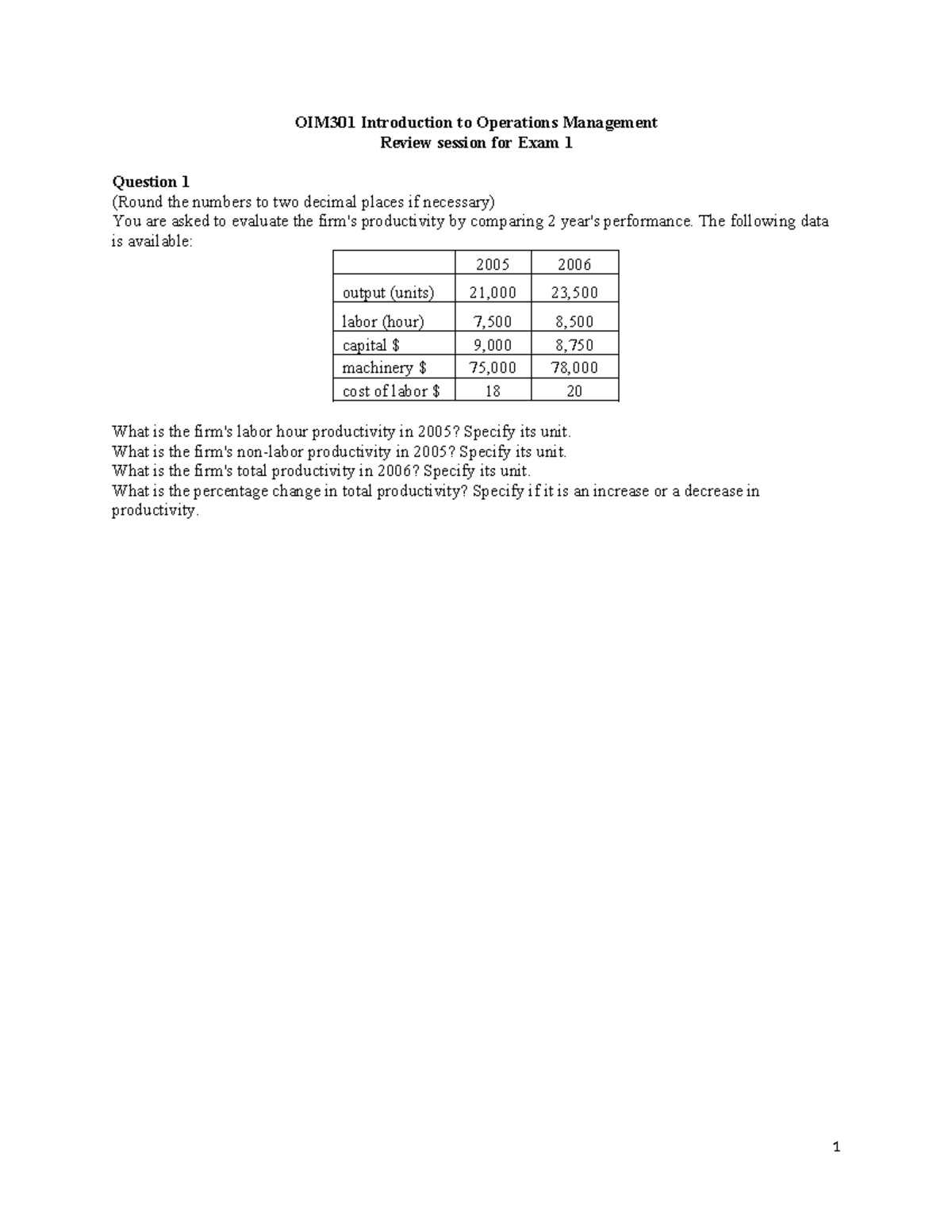Practice Exam 1 - exam - OIM301 Introduction to Operations Management ...