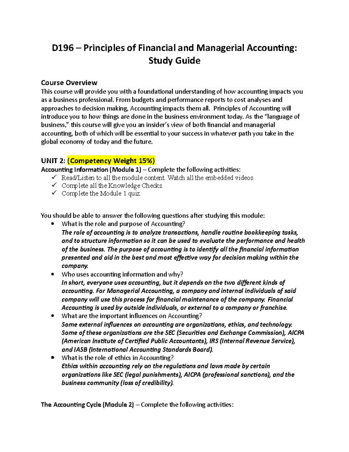 D196 Study Guid Finished - D196 – Principles of Financial and ...