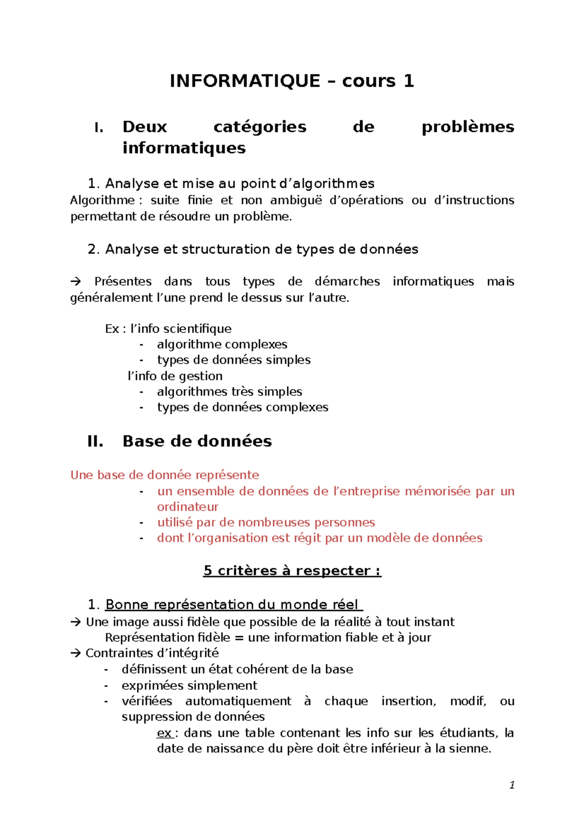 Introduction au cours - INFORMATIQUE – cours 1 Deux catégories ...