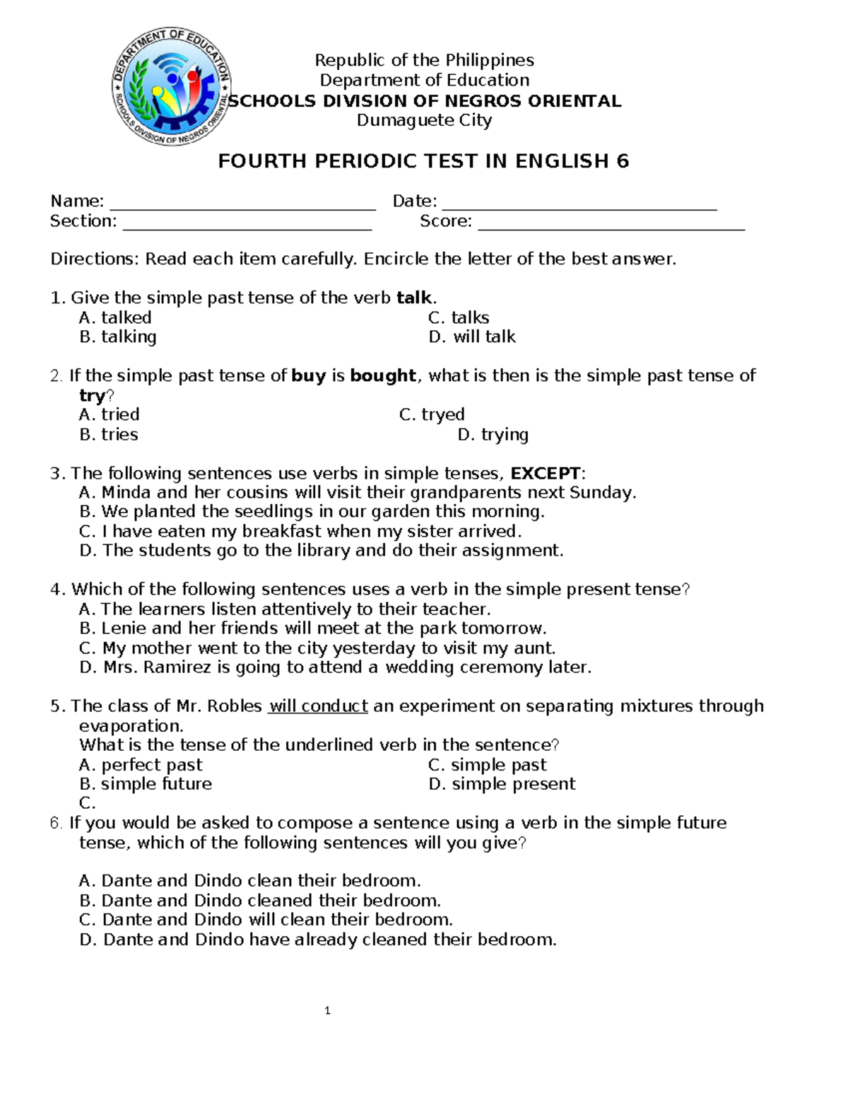 Periodic Test in English VI Q4 - Republic of the Philippines Department ...