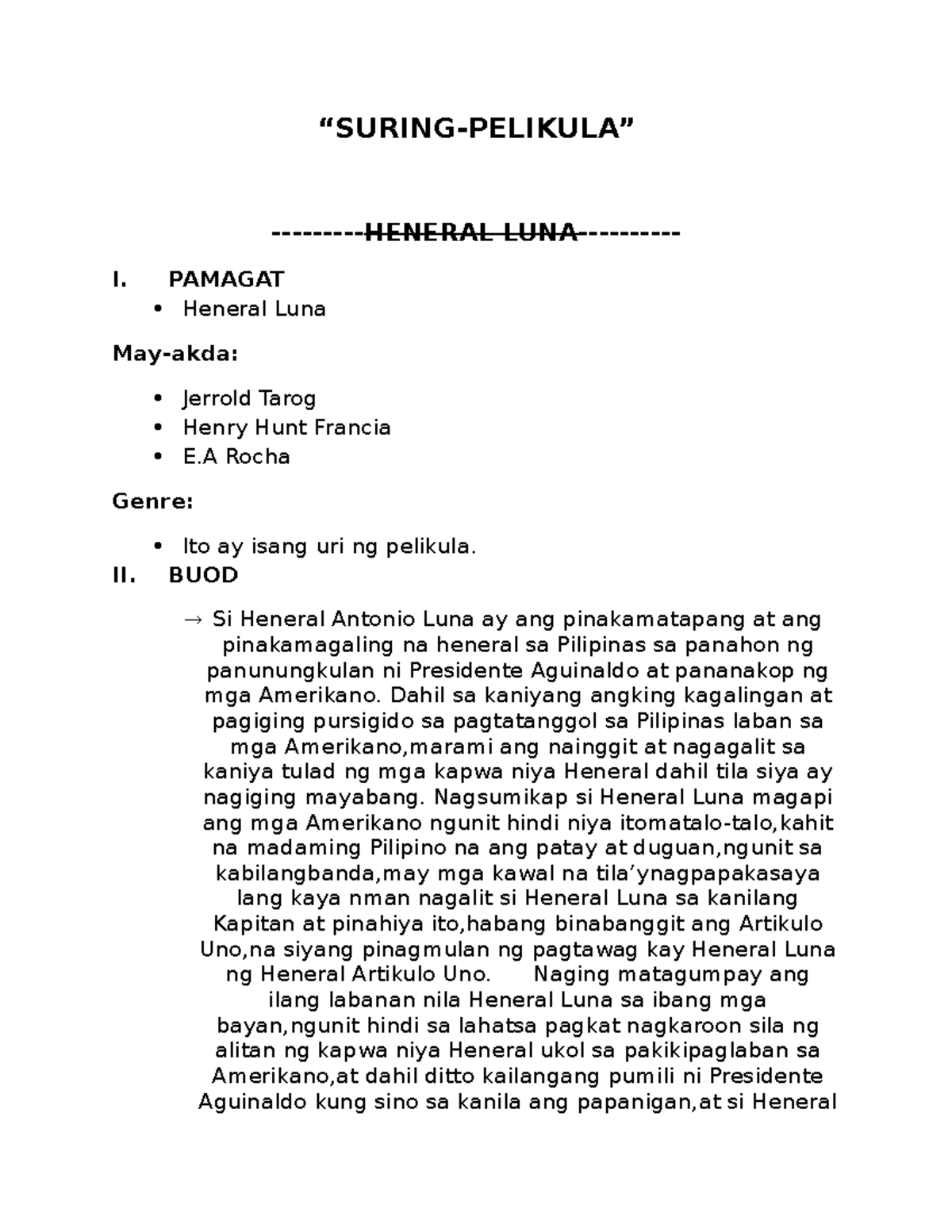 Suring Pelikula 1 HENERAL LUNA - Social Science - Studocu