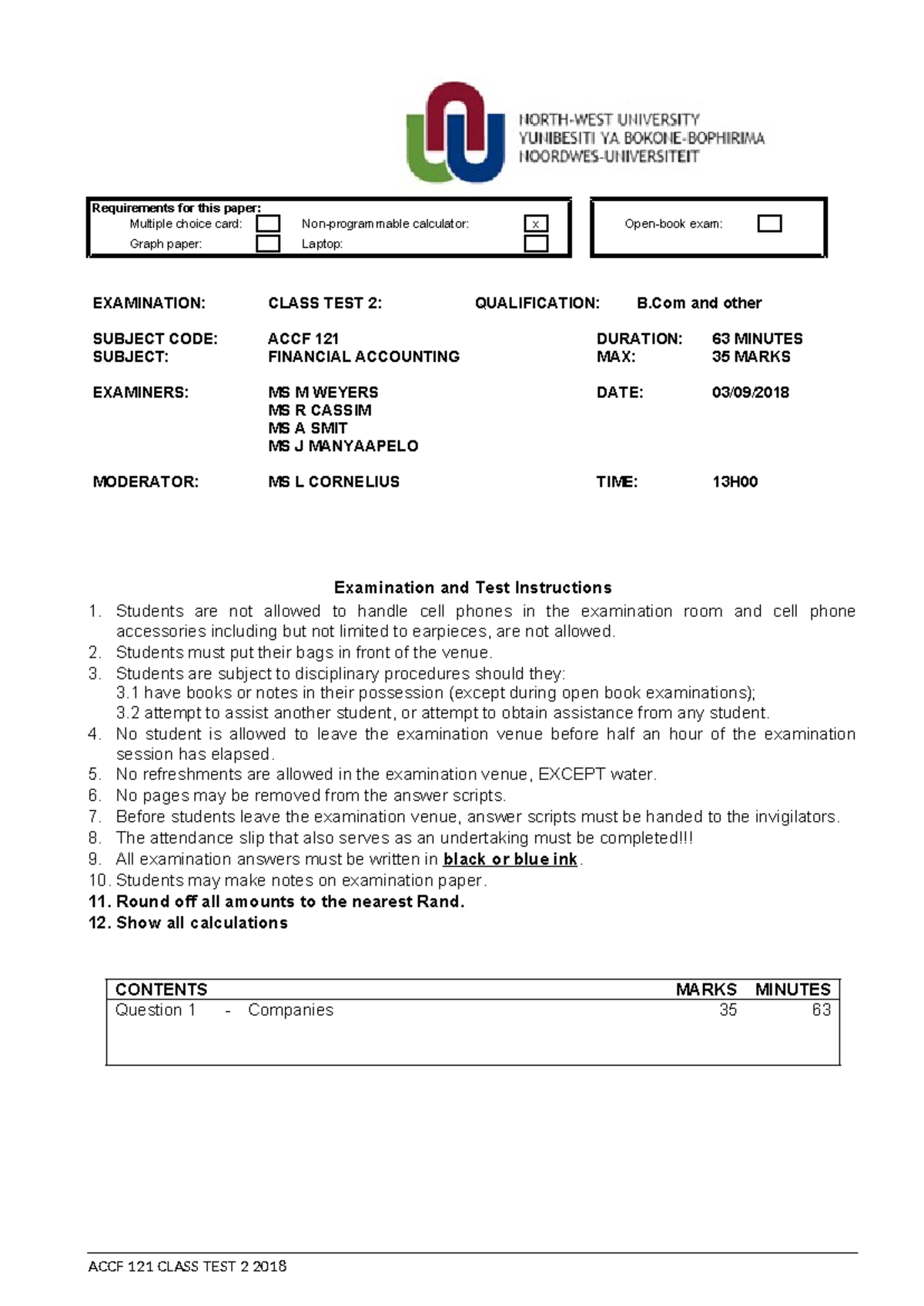 2018 ACCF121 Class test 2 - Requirements for this paper: Multiple ...