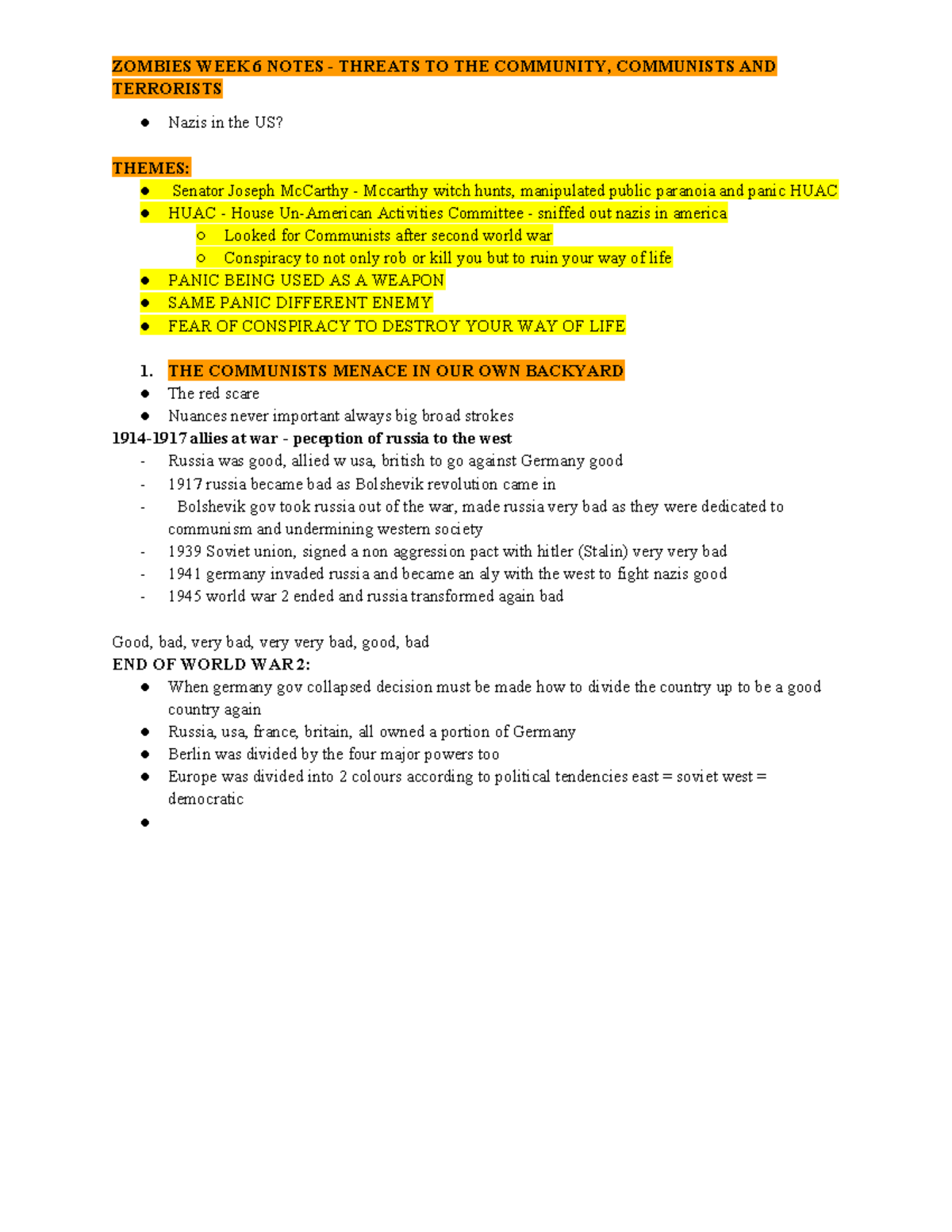 Zombies WEEK 6 Notes - TERRORISTS Nazis in the US? THEMES: Senator ...