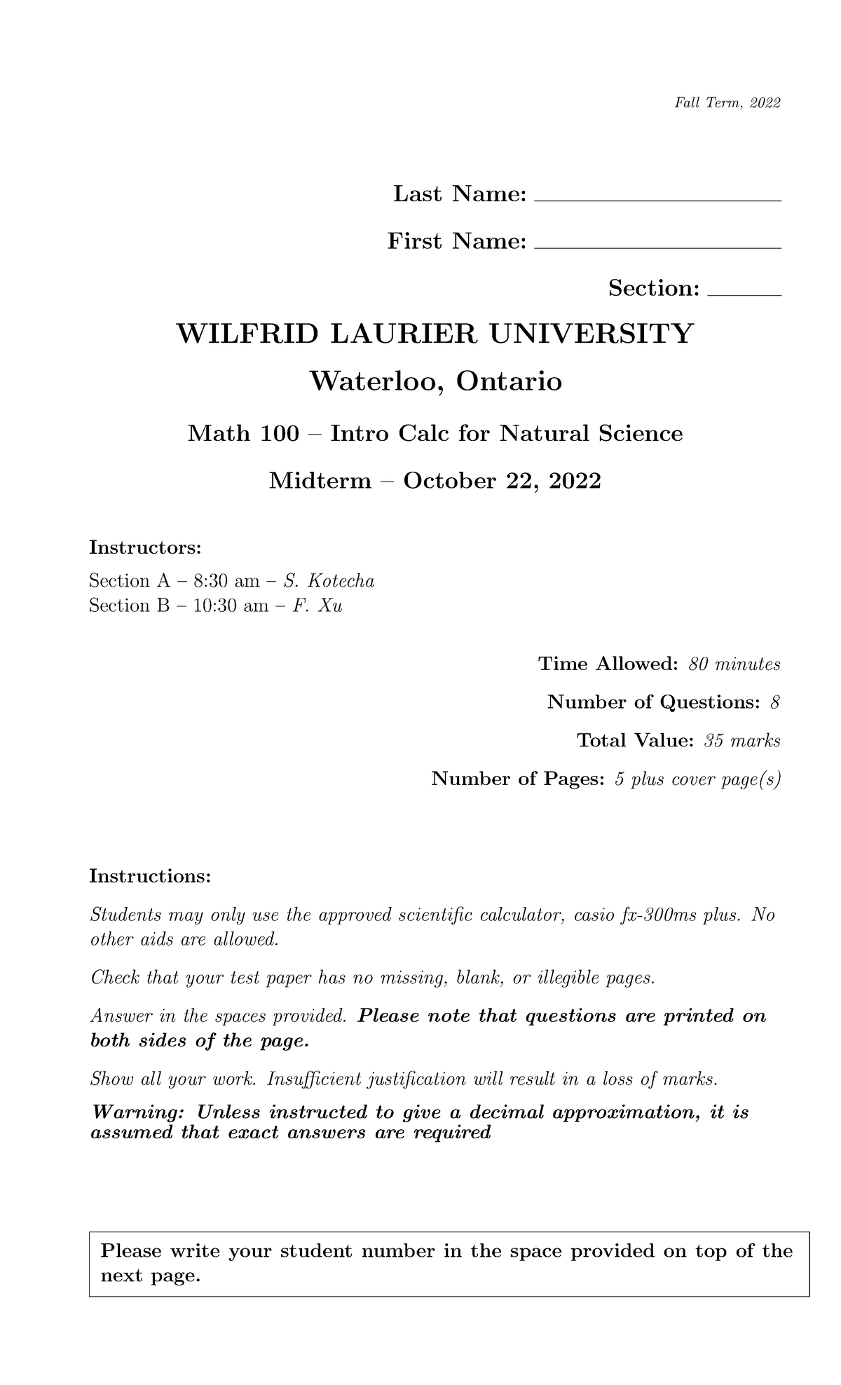 MA100 midterm review 2 - Fall Term, 2022 Last Name: First Name: Section ...