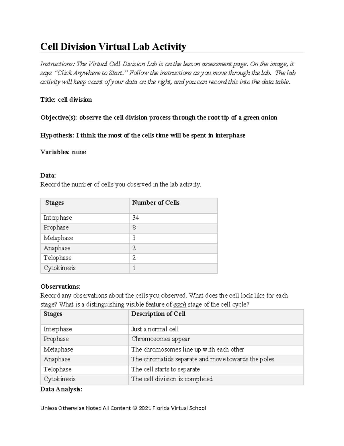 03 01 virtual cell division lab report - Cell Division Virtual Lab ...