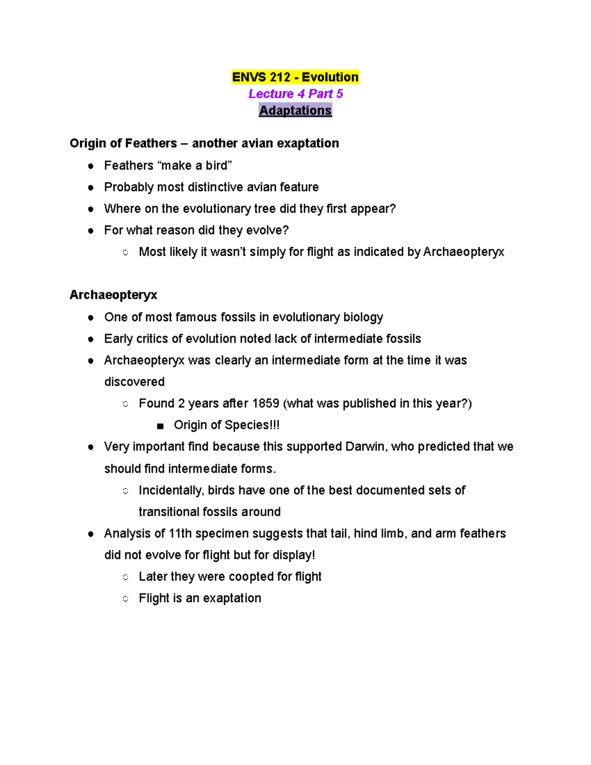 ENVS 212 Lecture 4 Part 5 - Spring 2020 - ENVS 212 - Evolution Lecture 4 Part 5 Adaptations ...