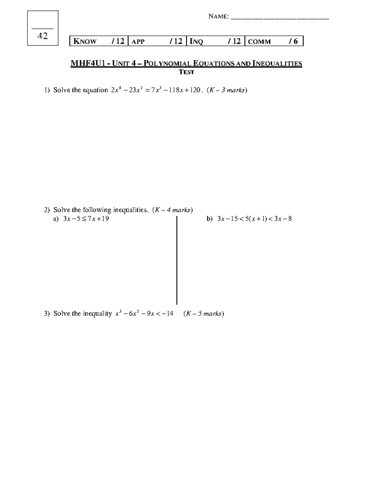 MHF4U1 - Unit 4 Test - Blank - NAME: ___________________________ MHF4U1 ...