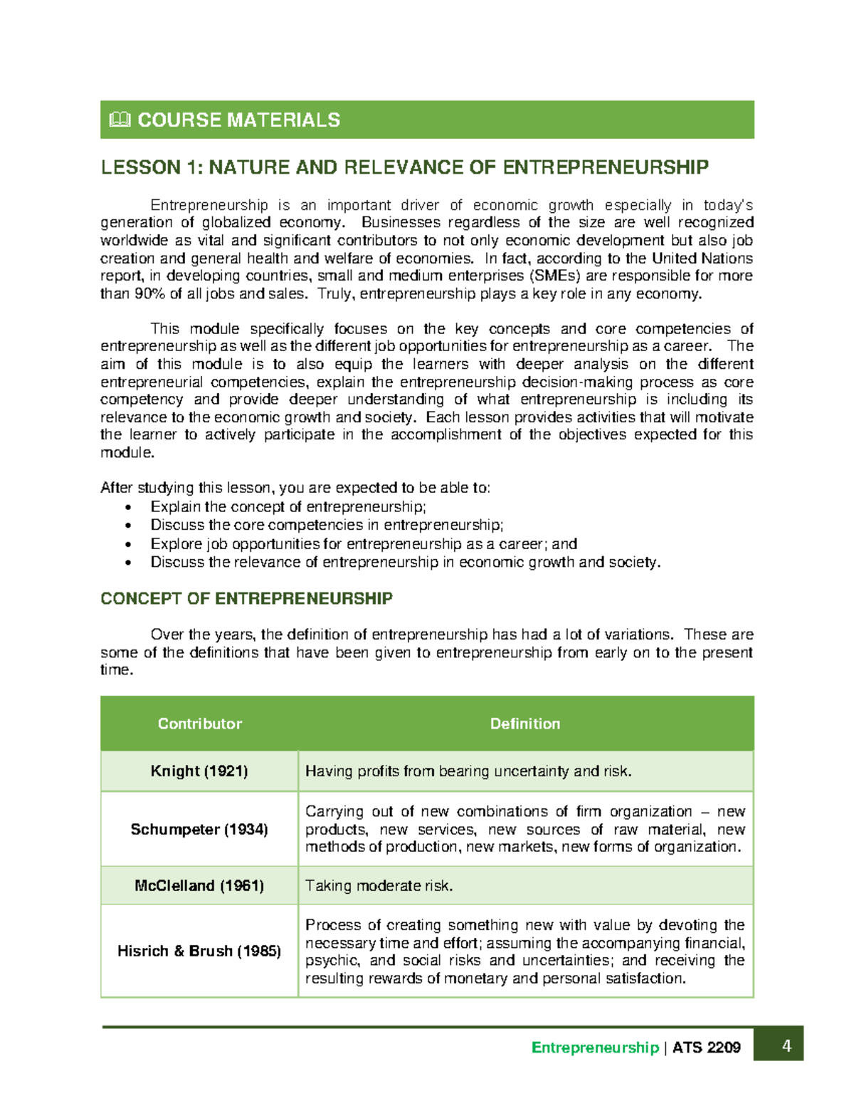 Lesson 1 Nature AND Relevance OF Entrepreneurship - COURSE MATERIALS LESSON 1: NATURE AND - Studocu