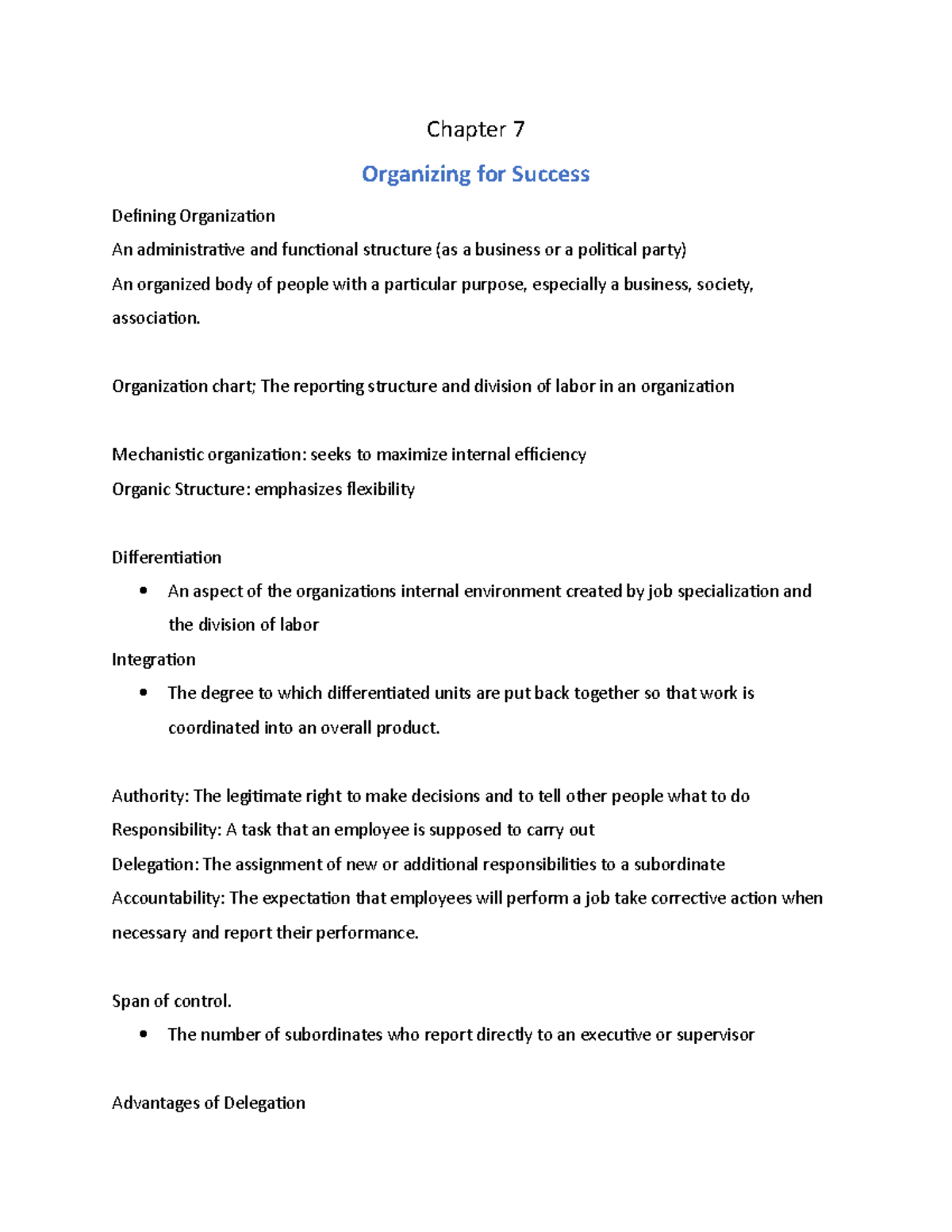 BUSI 310 - Chapter 7 - Lecture notes 2 - Chapter 7 Organizing for ...