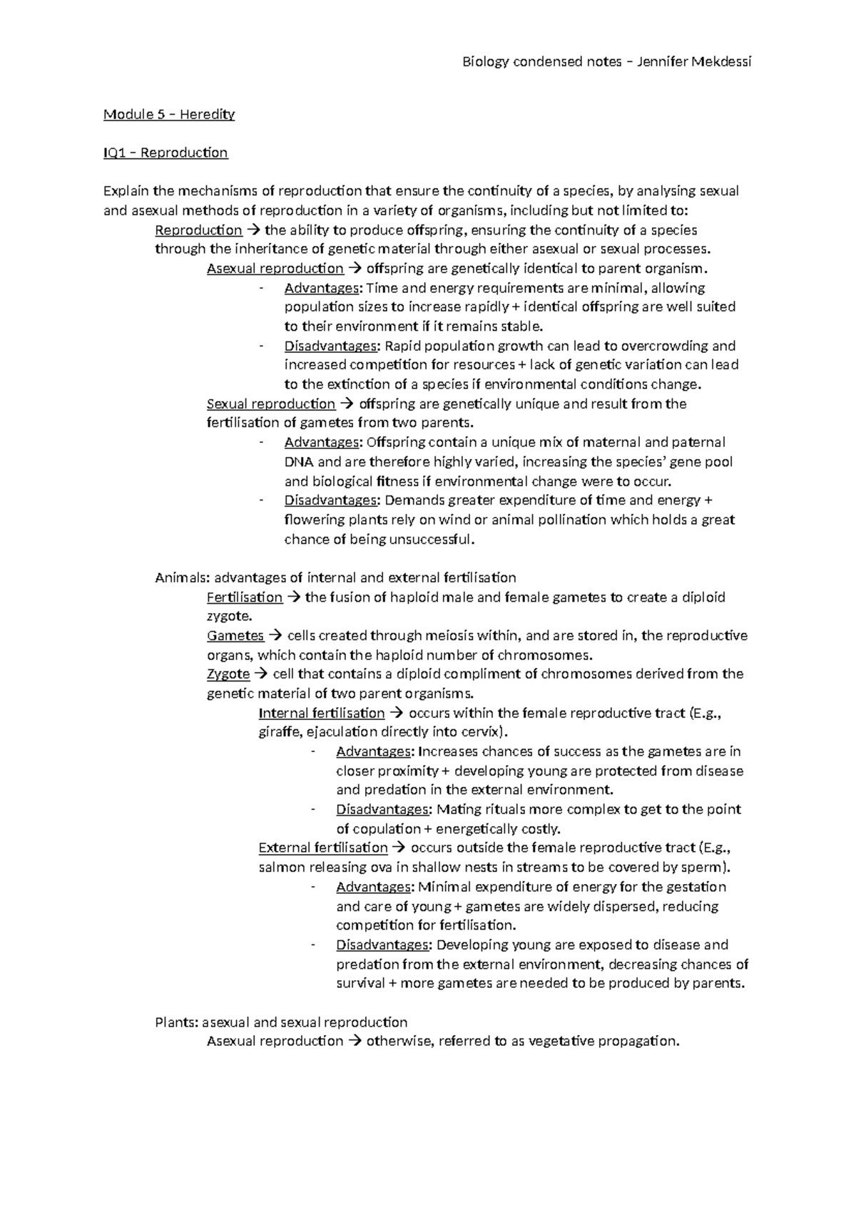BIO Condensed Notes - Module 5 – Heredity IQ1 – Reproduction Explain ...