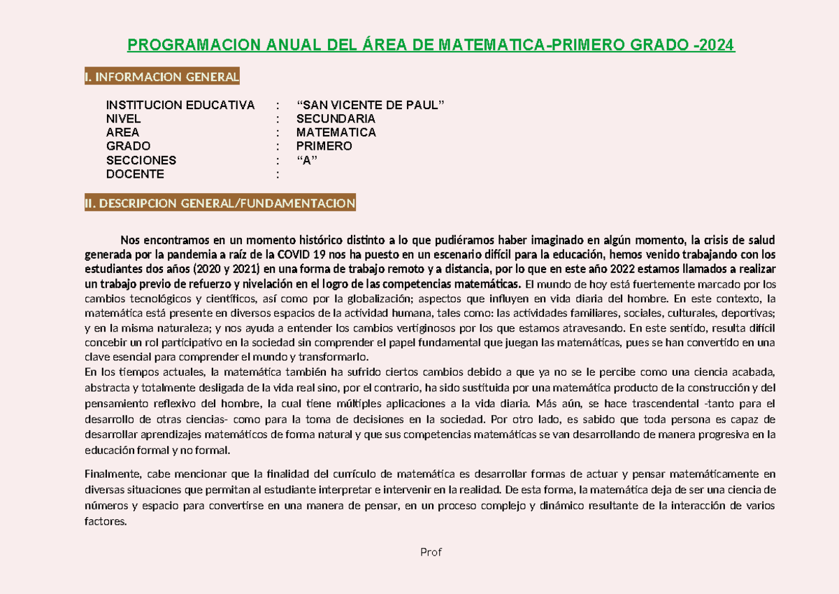 Programación Anual MAT. 2024-primero - PROGRAMACION ANUAL DEL ÁREA DE ...