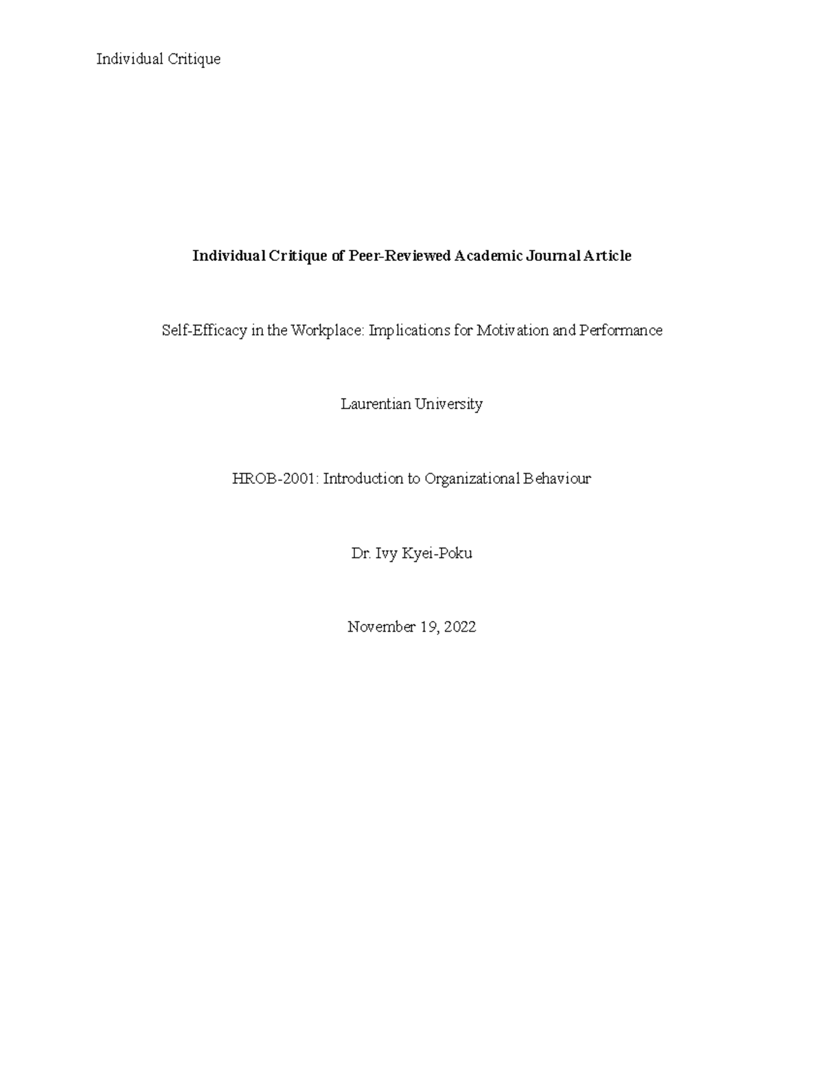 Individual critique of peer reviewed academic journal article ...