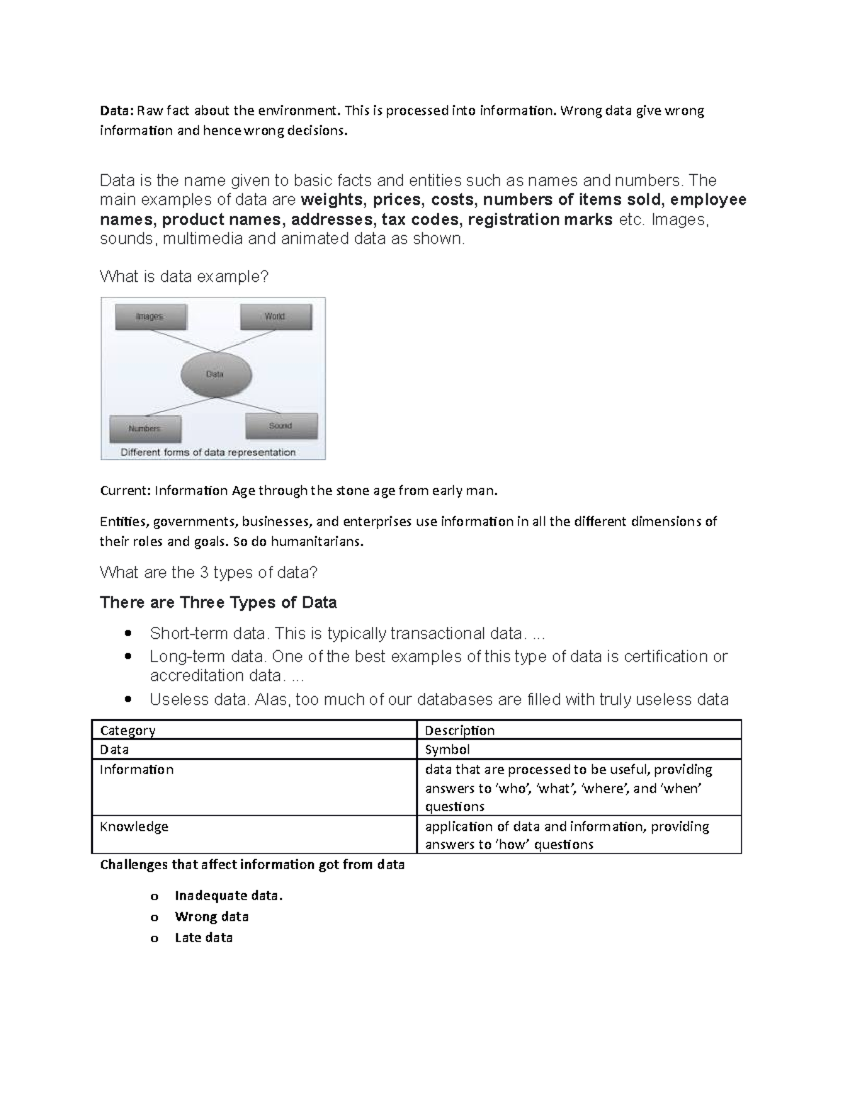 Data - Data is the a raw fact about the environment. It is processed to ...