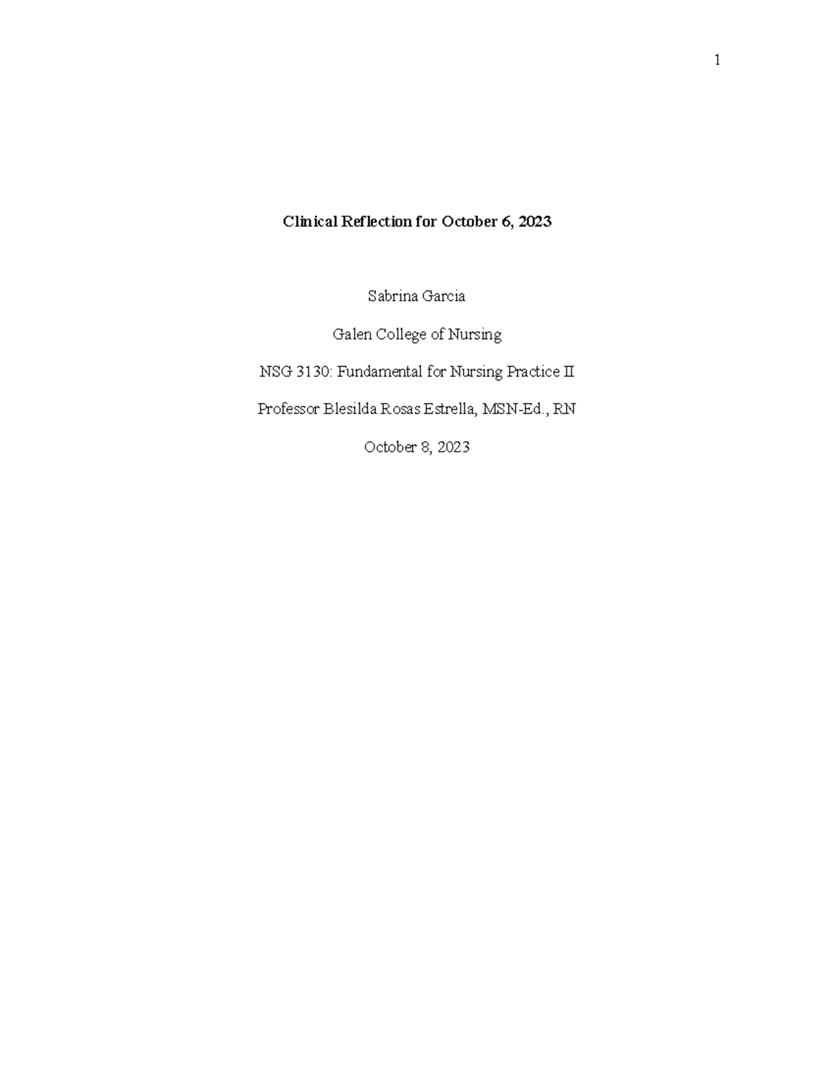 Clinical Reflection For October 6 2023 1 Clinical Reflection For October 6 2023 Sabrina