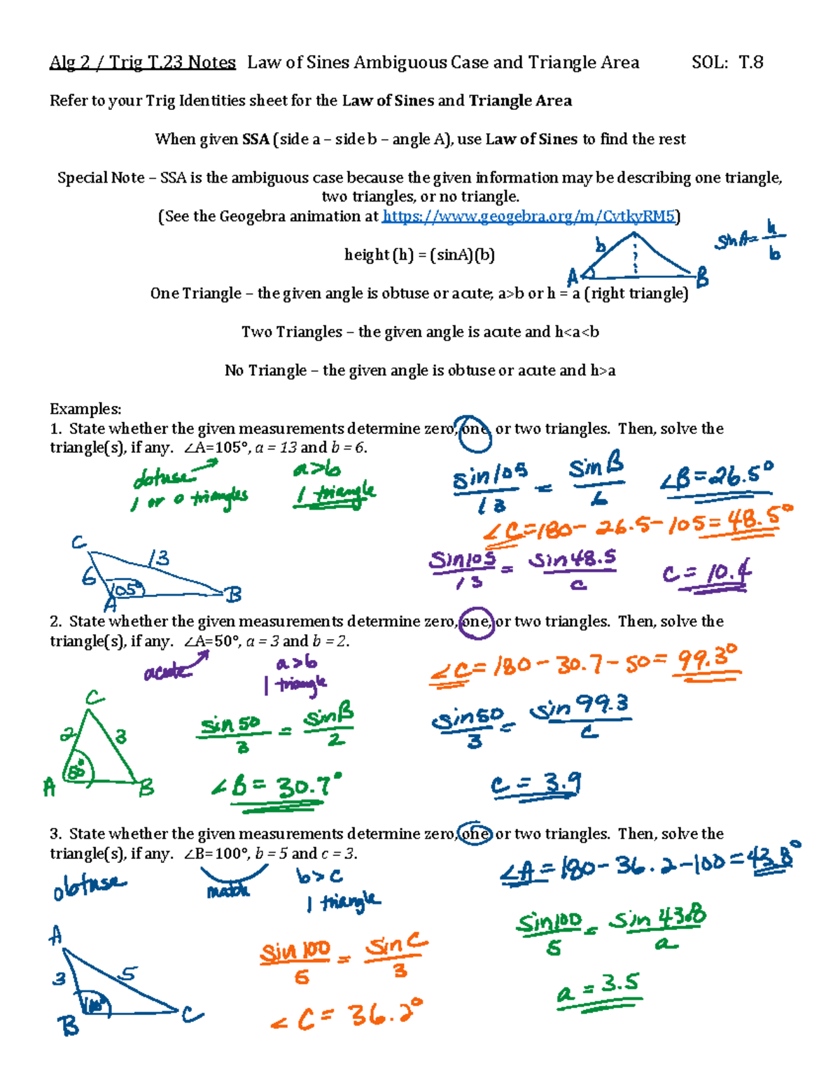 Alg2T T - Just to help out - Alg 2 / Trig T. 23 Notes Law of Sines ...