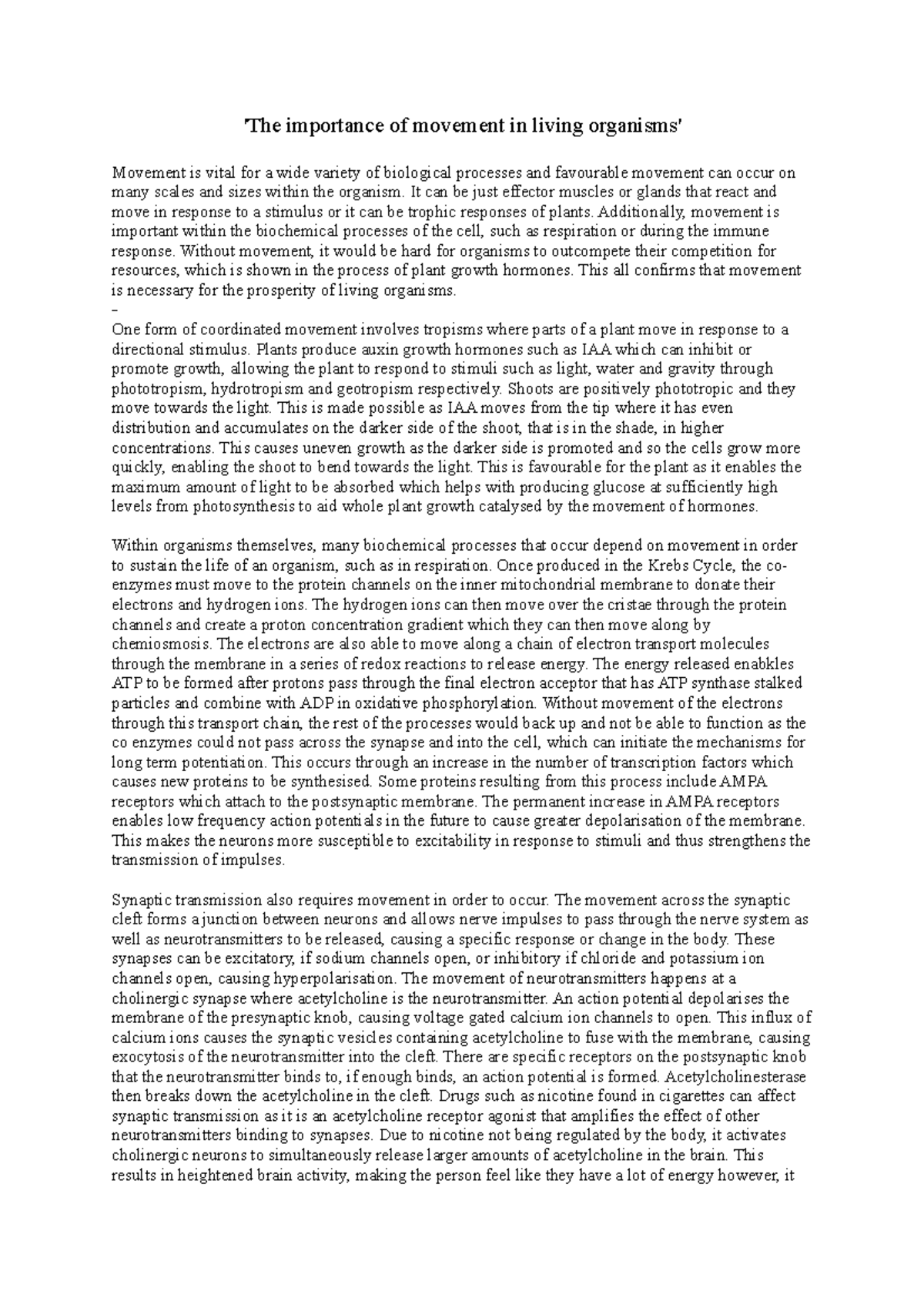 Biology Essay A Level The Importance Of Movement In Living Organisms 