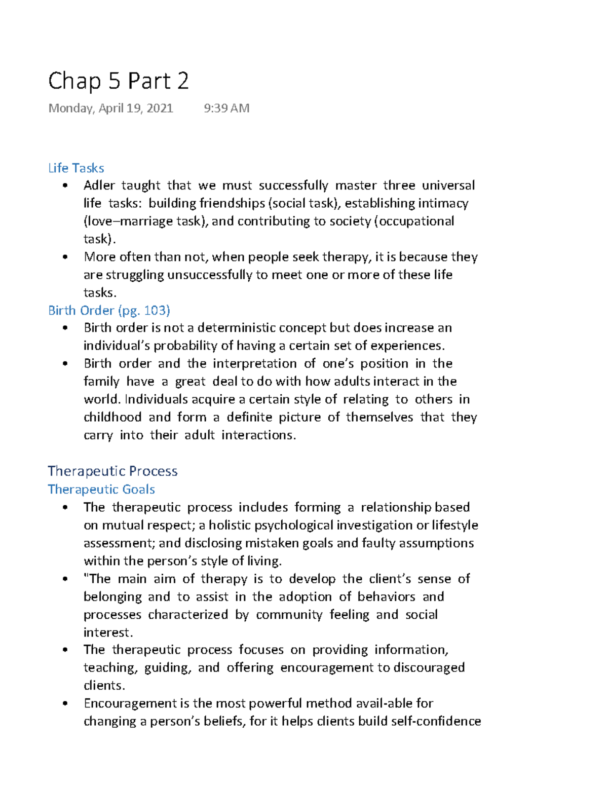 Chap 5 Part 2 - Lecture notes 2 - Life Tasks Adler taught that we must ...