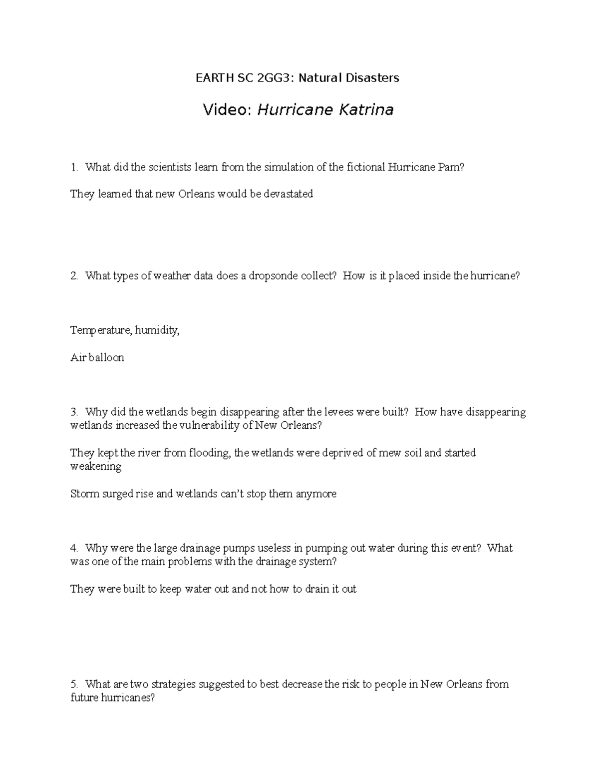 Video Questions - Hurricane Katrina - EARTH SC 2GG3: Natural Disasters ...