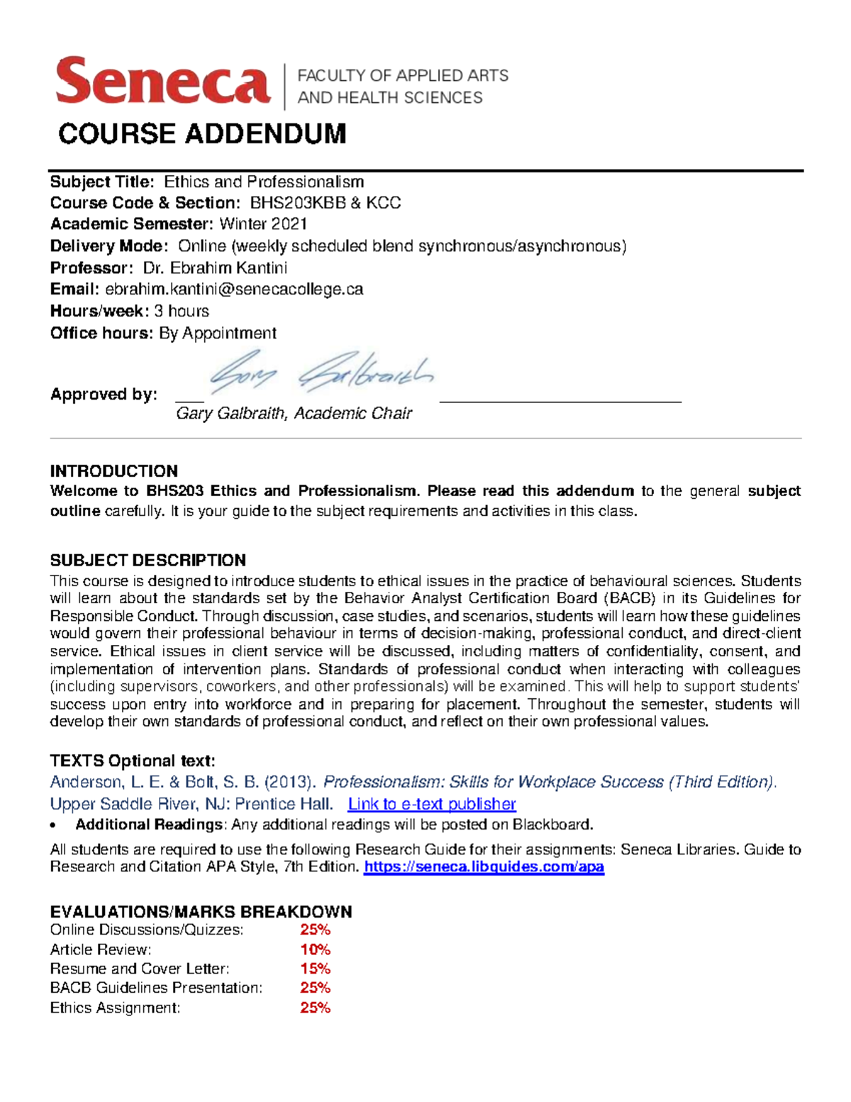 BHS 203 - Addendum - COURSE ADDENDUM Subject Title: Ethics and ...