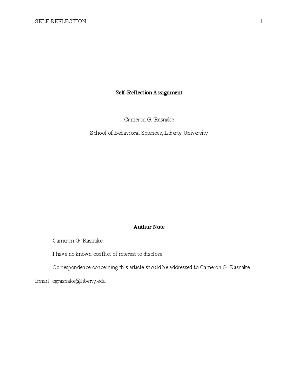 Self Reflection - Self-Reflection Assignment Cameron G. Rasnake School ...