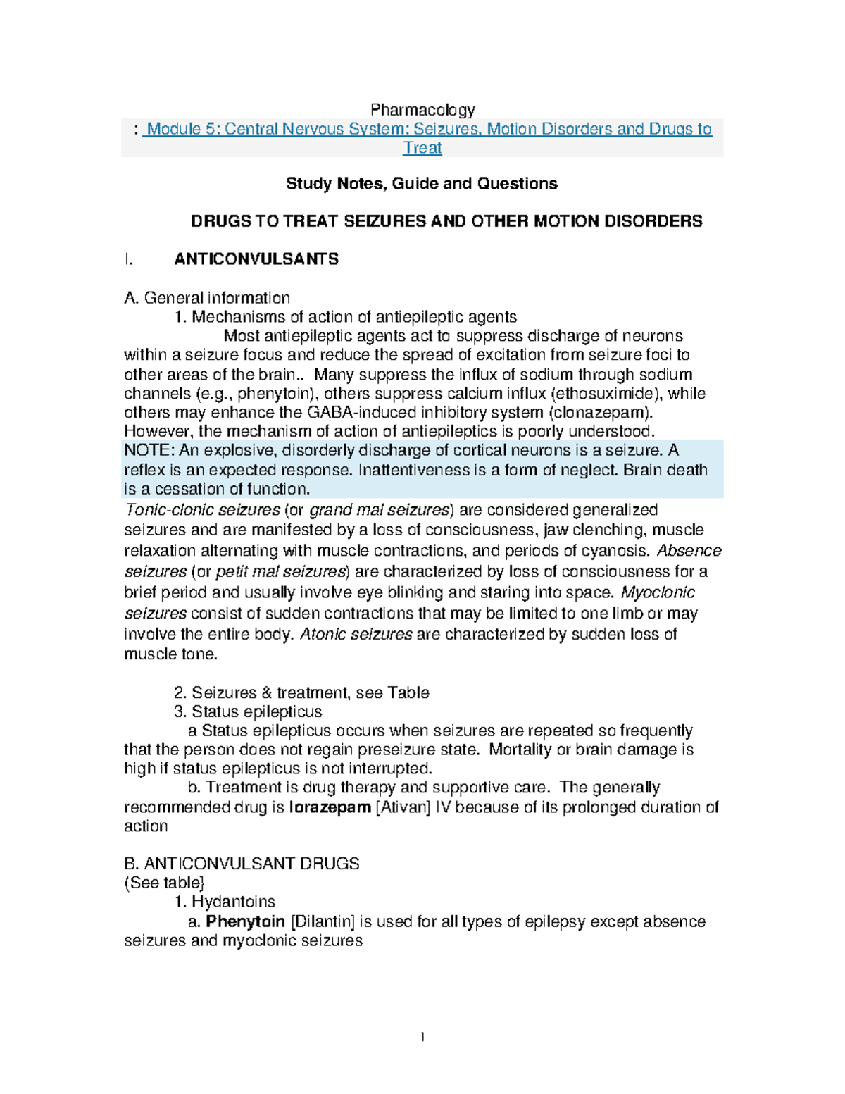 Module 5 Study Guide Review Notes Questions CNS Seizures Motion ...